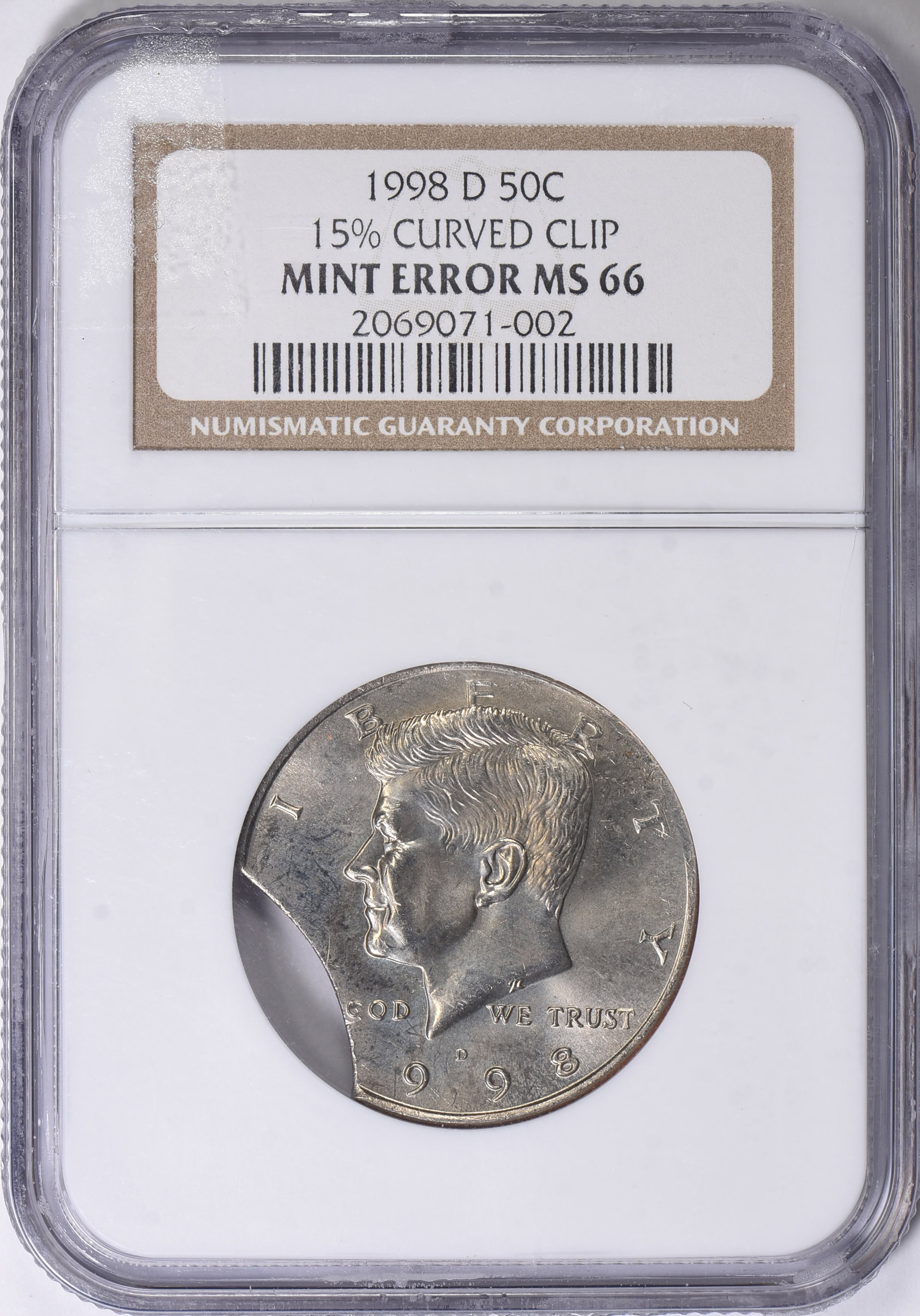 Mint Error 1998-D Kennedy Half Dollar 15% Curved Clip NGC MS-66 | NGC ...