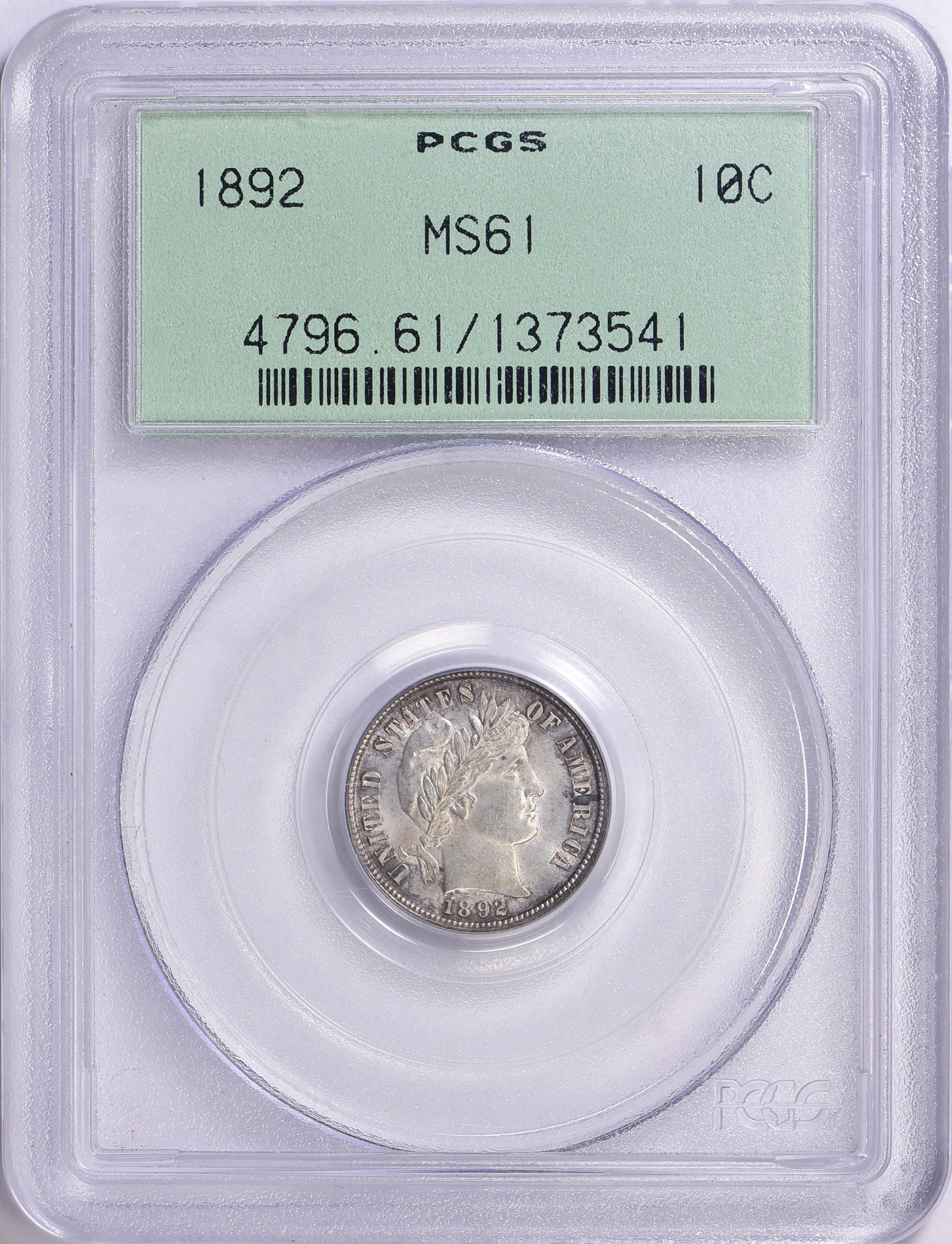 1892 Barber Dime PCGS MS-61 OGH (Item 1697961) | GreatCollections Coin ...