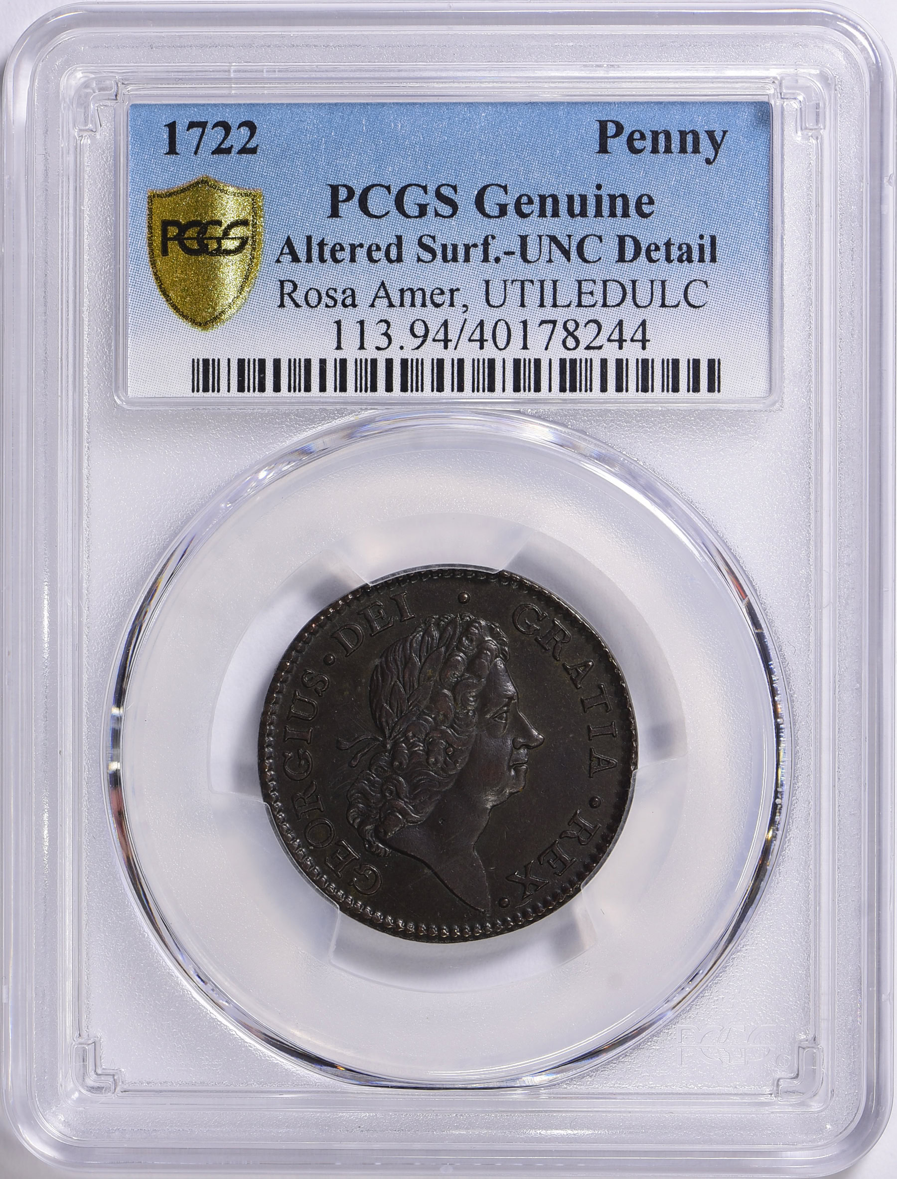 1722 Rosa Americana Penny UTILEDULC PCGS Genuine Unc Details (Item ...