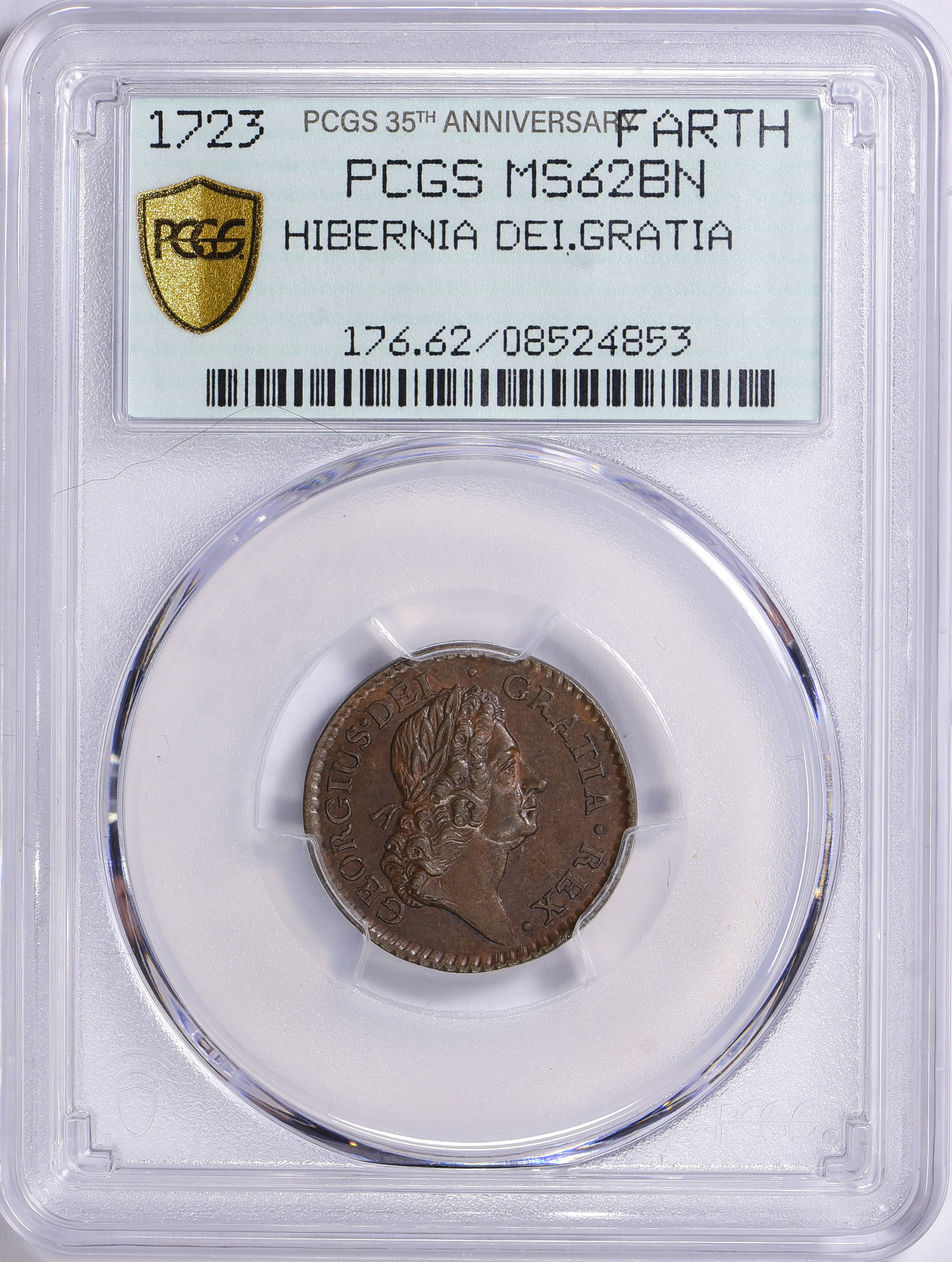 1723 Woods Hibernia Farthing DEI.GRATIA PCGS MS-62 BN (OGH 35th Anniversary Label) (Item 1698062 ...