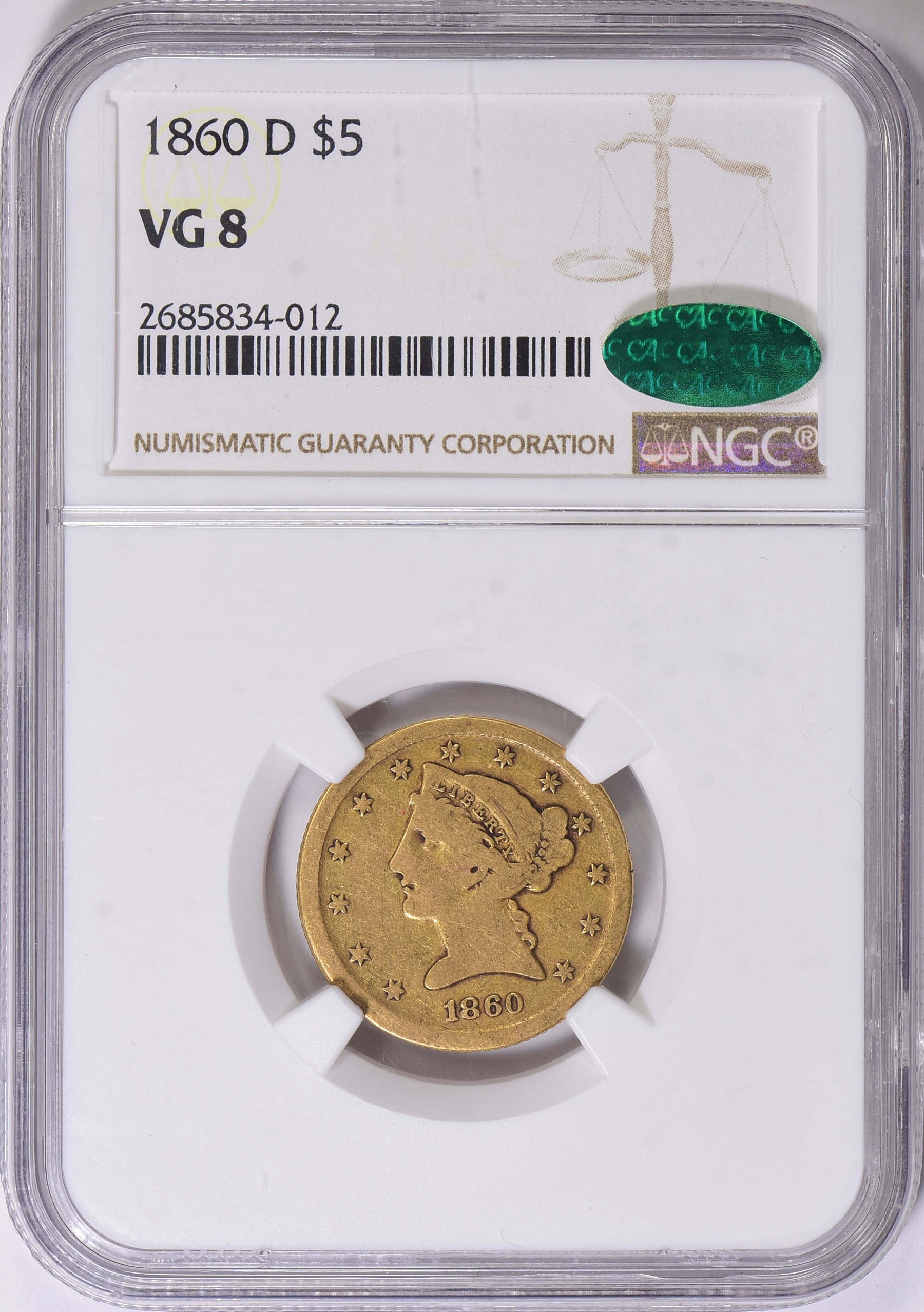 1860-D Liberty Gold Half Eagle NGC VG-08 (CAC Green) (Item 1698408) | GreatCollections Coin Auctions