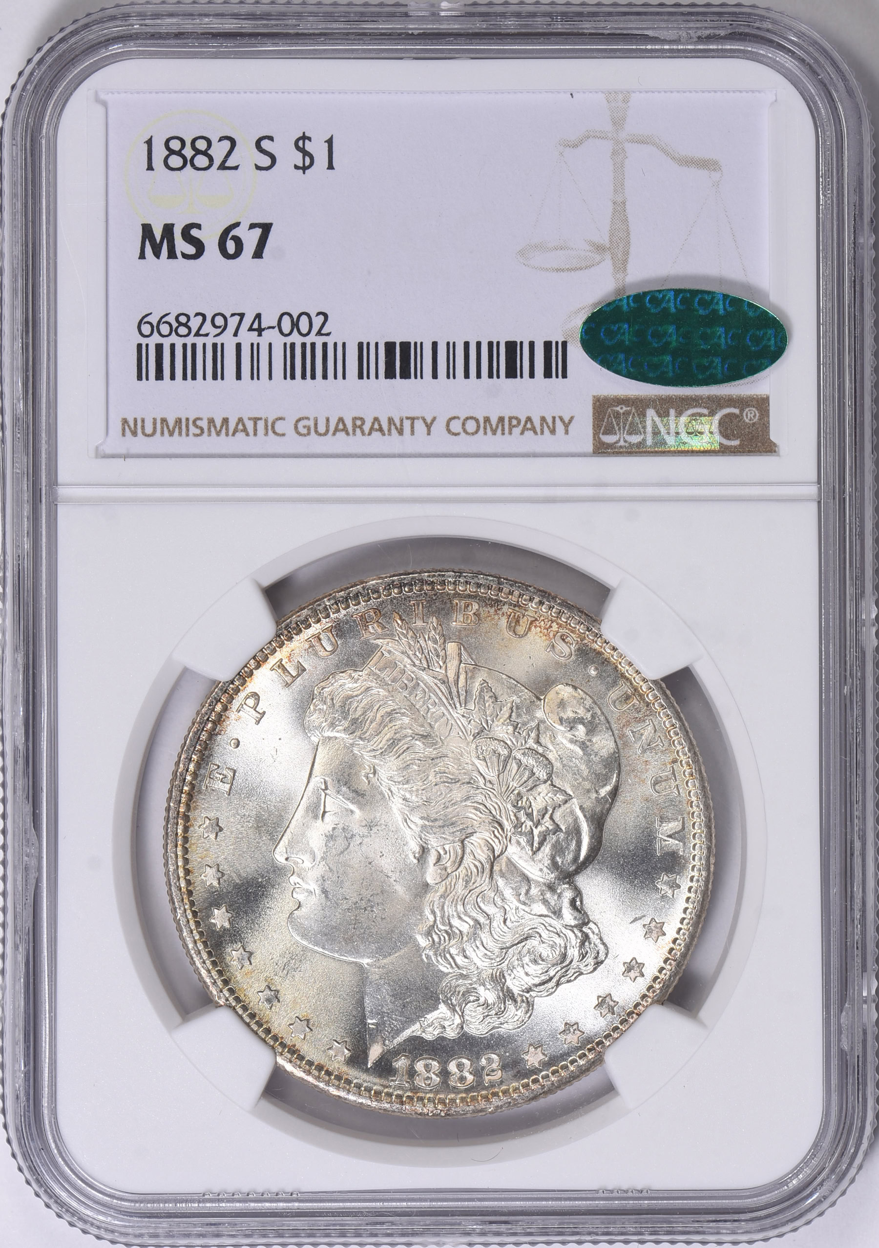 1882-S Morgan Silver Dollar NGC MS-67 (CAC Green) (Toned) (Item 1698423) | GreatCollections Coin ...