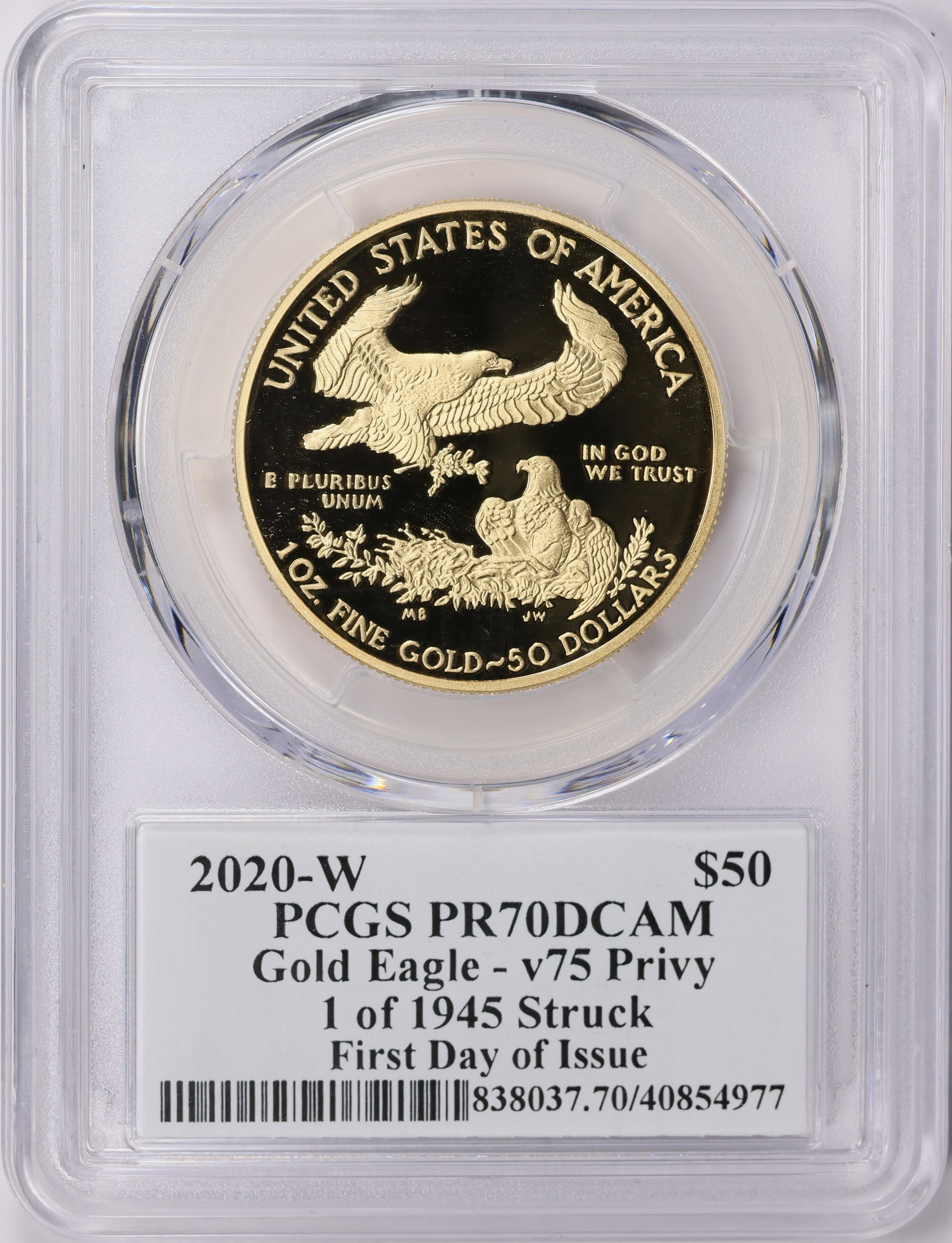 2020-W $50 One-Ounce Gold American Eagle V75 Privy 1 of 1945 Struck ...