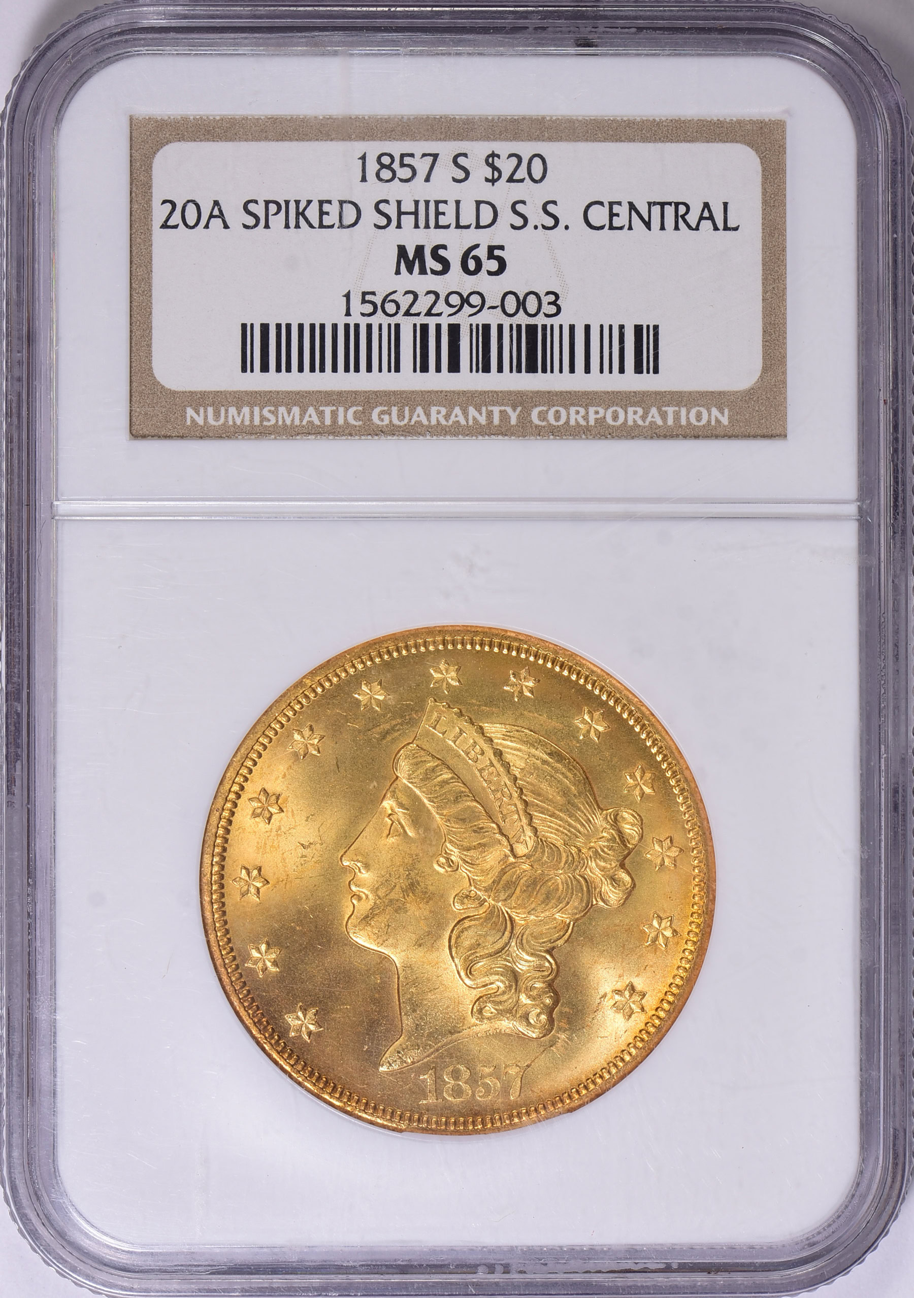 1857-S Liberty Gold Double Eagle 20A Spiked Shield Shipwreck S.S. Central America NGC MS-65 ...