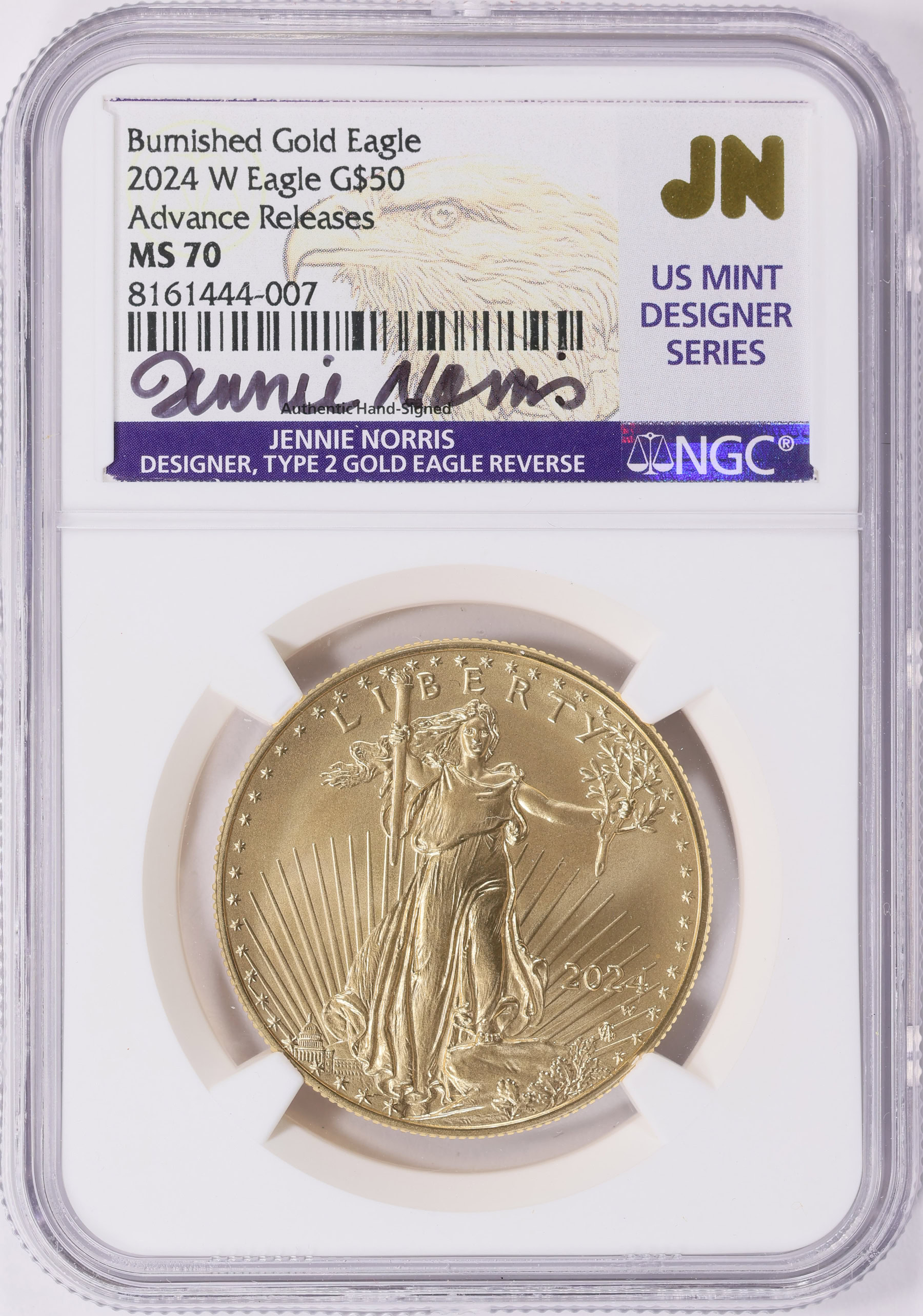 2024-W $50 One-Ounce Gold American Eagle Burnished Advance Releases NGC MS-70 (Jennie Norris ...