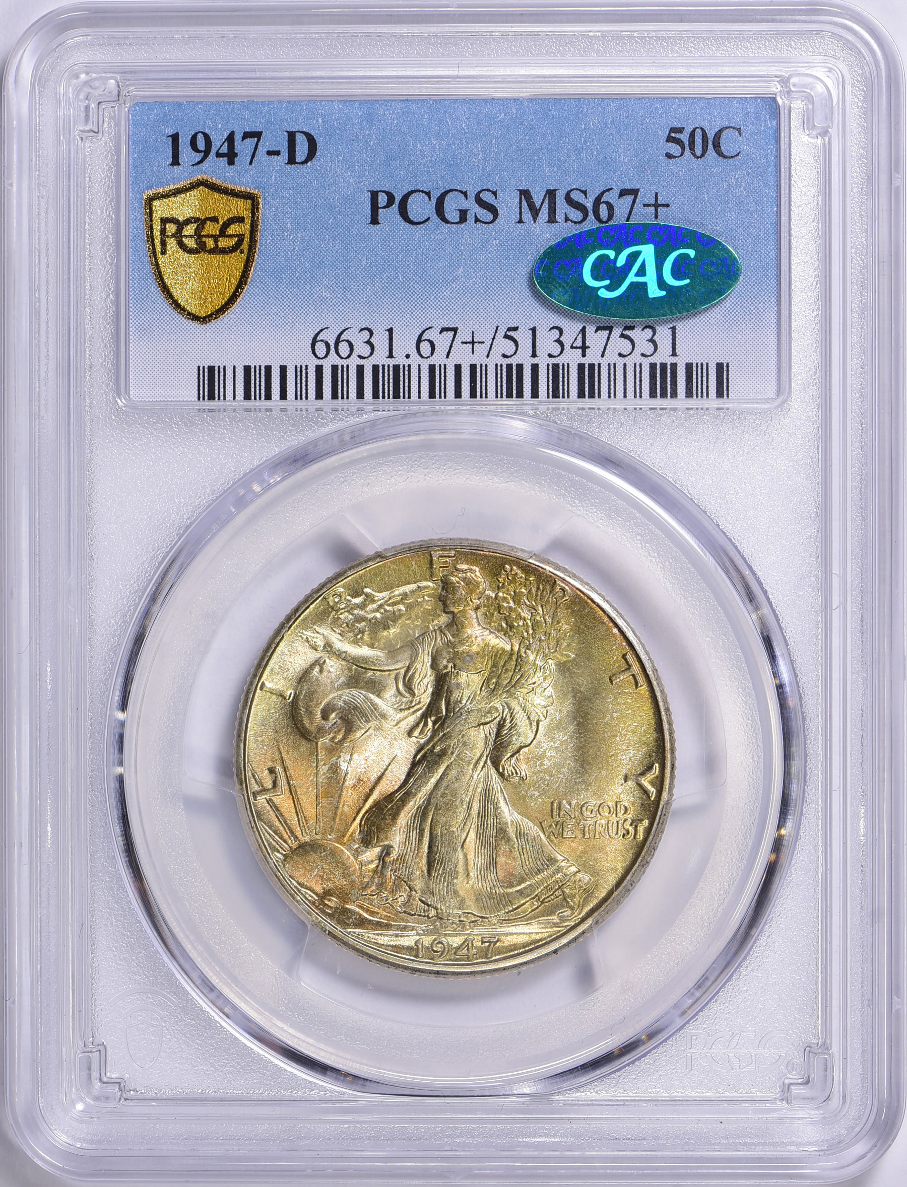 1947-D Walking Liberty Half Dollar PCGS MS-67+ (CAC Green) (Toned) (Item 1698774 ...