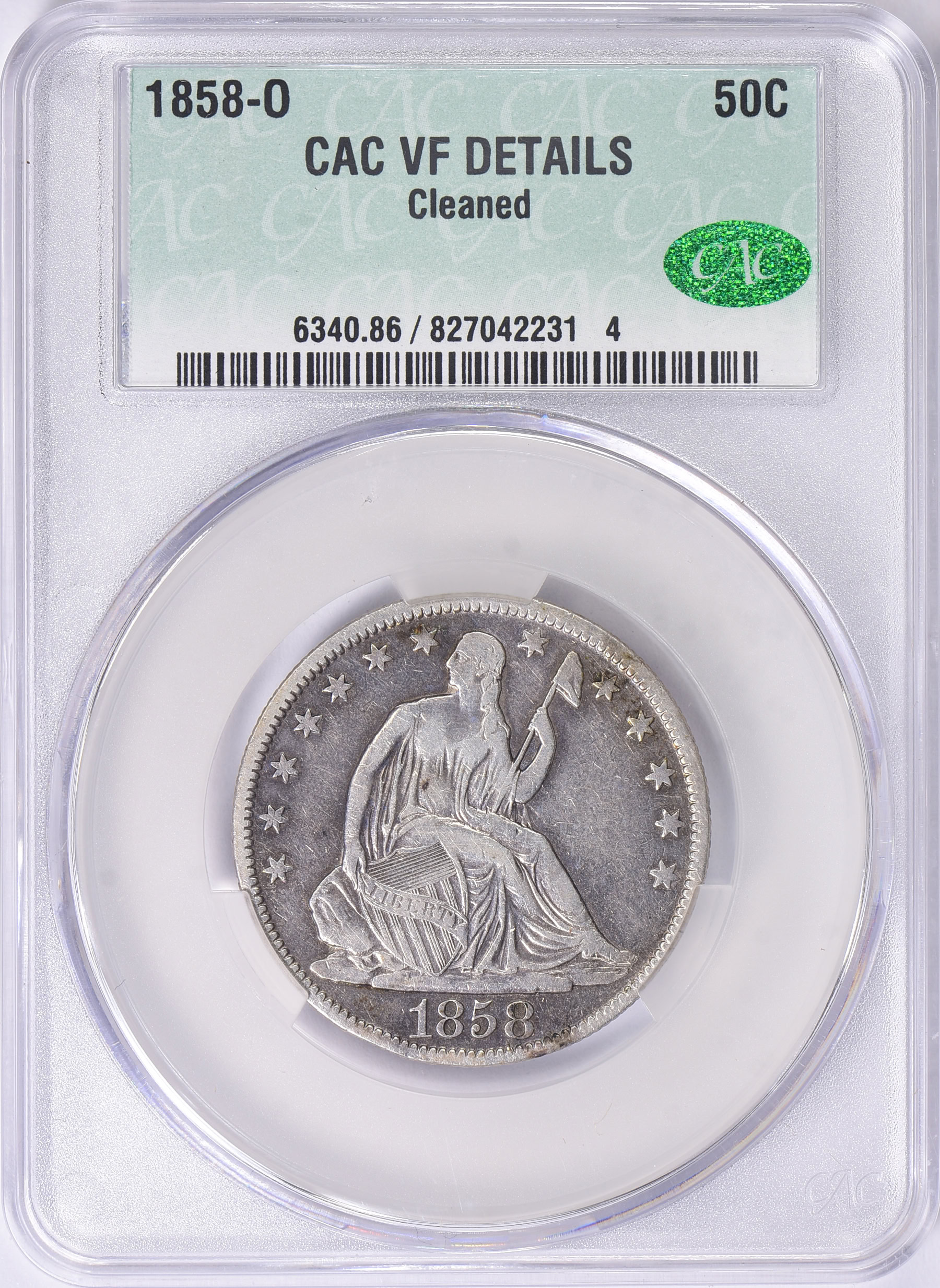 1858-O Seated Liberty Half Dollar CACG VF Details (Item 1698892) | GreatCollections Coin Auctions