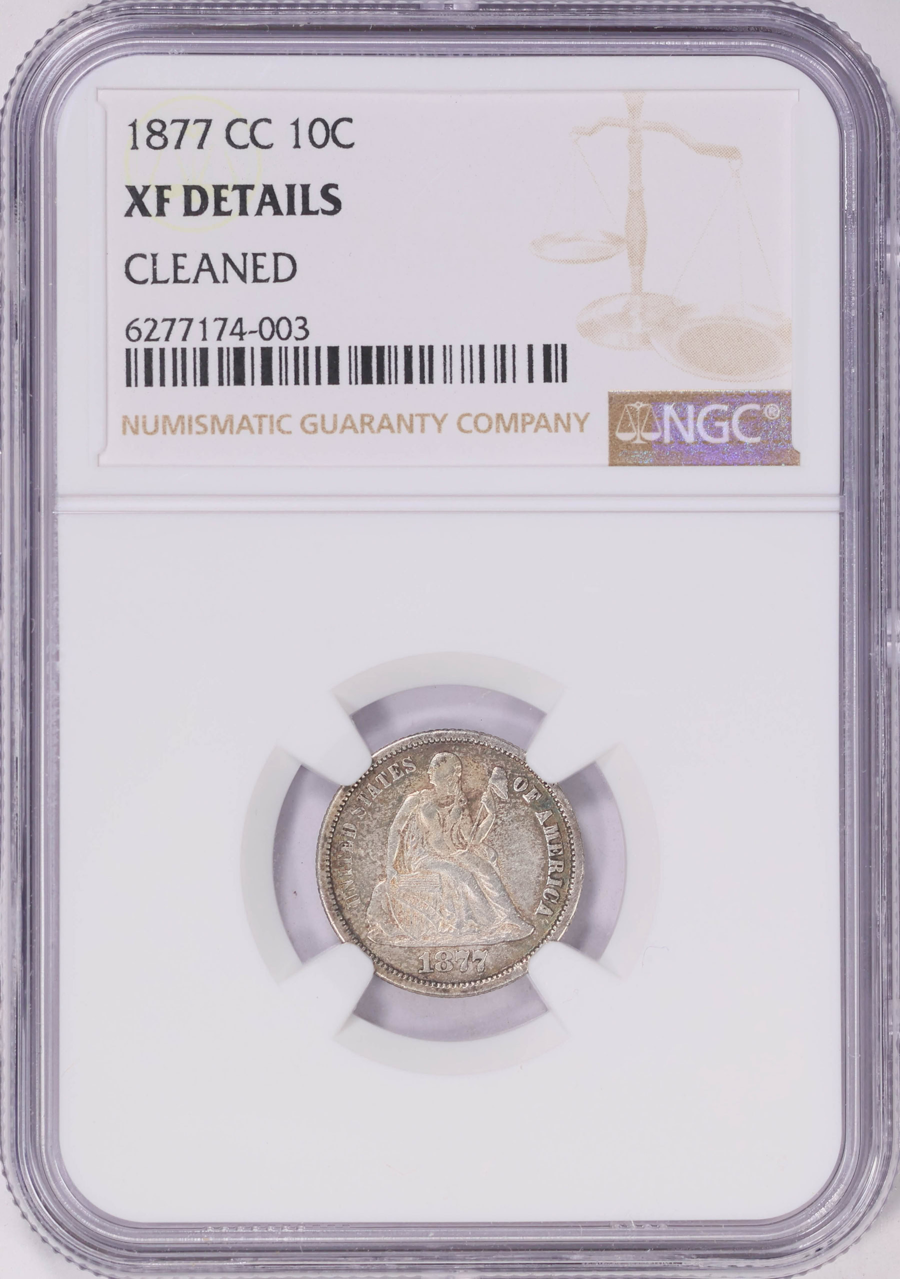 1877-CC Seated Liberty Dime NGC XF Details (Item 1699249) | GreatCollections Coin Auctions