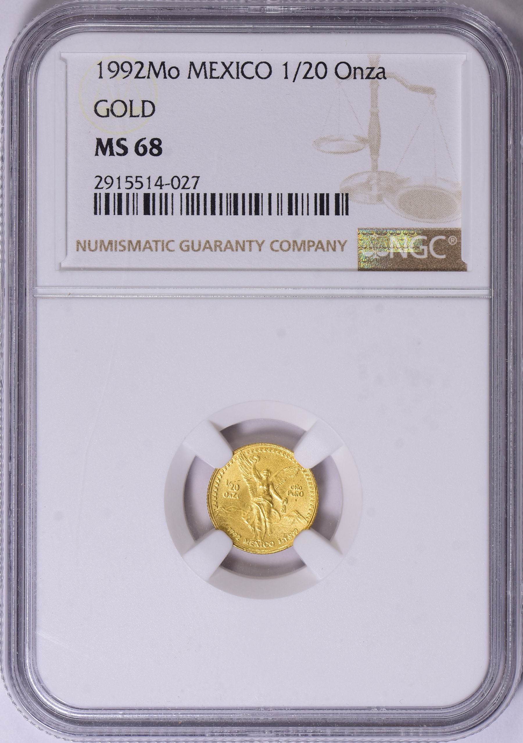 Mexico 1992-Mo Gold 1/20 Onza Libertad KM-589 NGC MS-68 (AGW = 0.0499 Oz.) (Item 1699392 ...