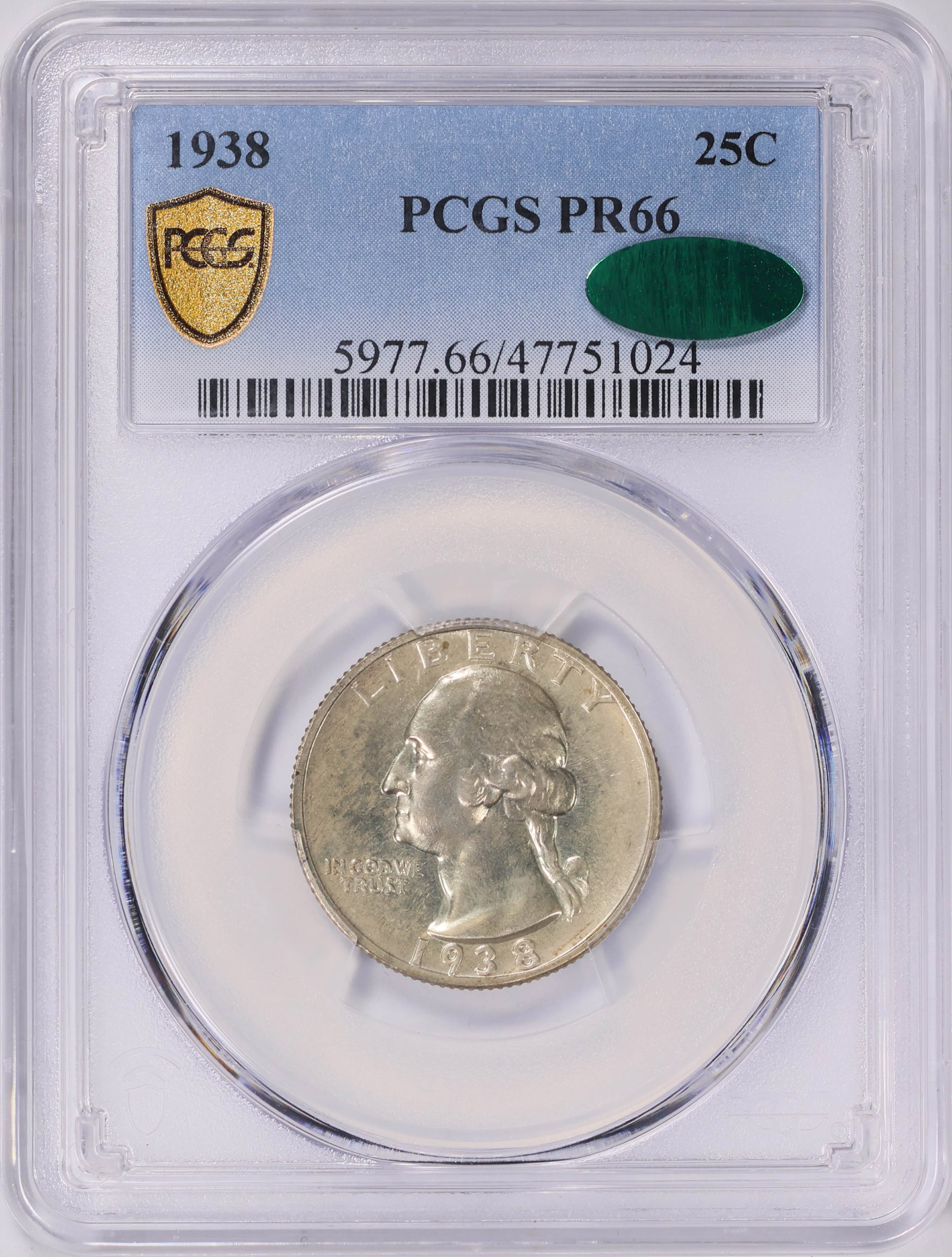1938 Washington Quarter PCGS Proof-66 (CAC Green) (Item 1699410) | GreatCollections Coin Auctions
