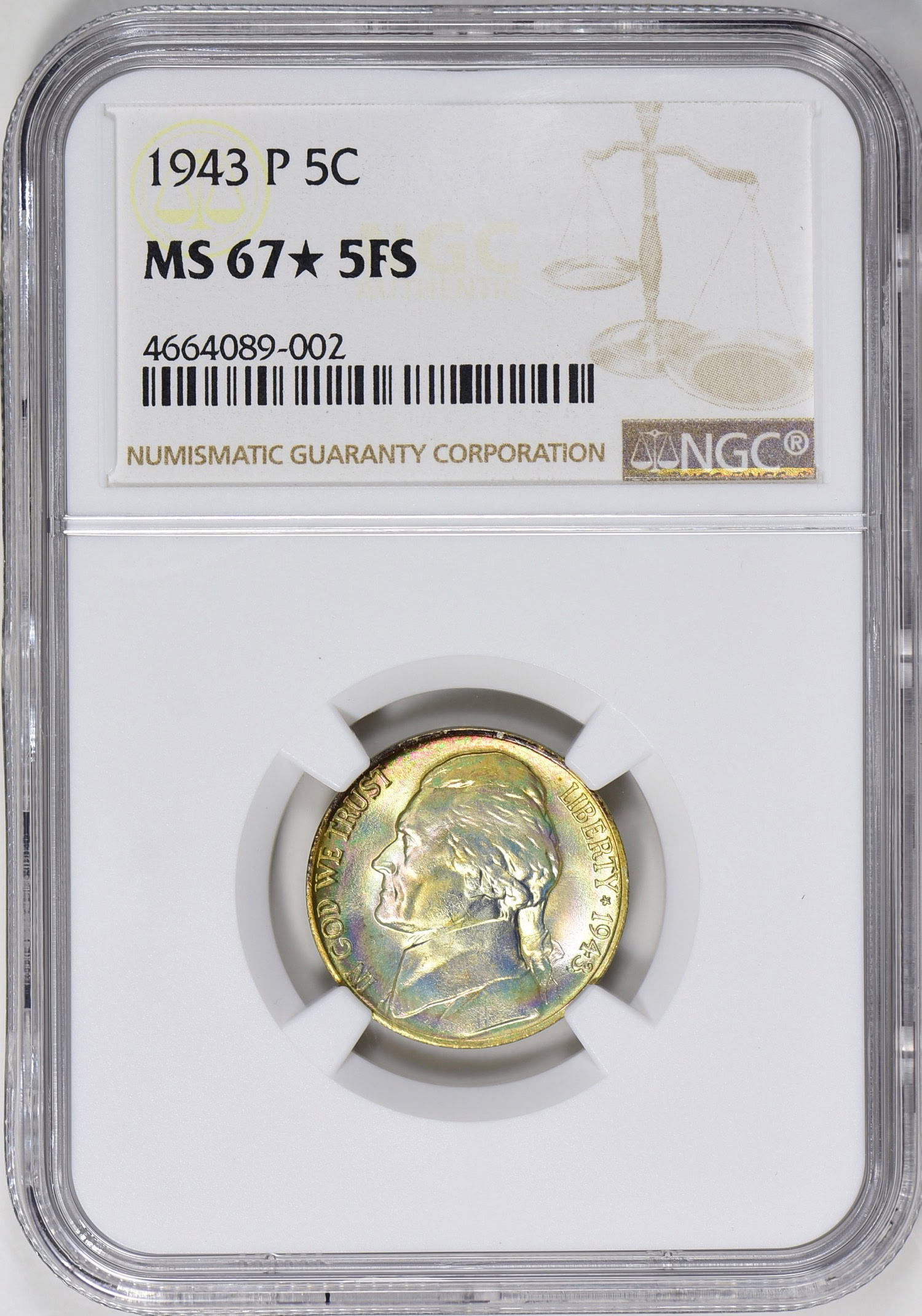 1943-P Jefferson Nickel NGC MS-67 ★ 5FS (Toned) (Item 1699419) | GreatCollections Coin Auctions
