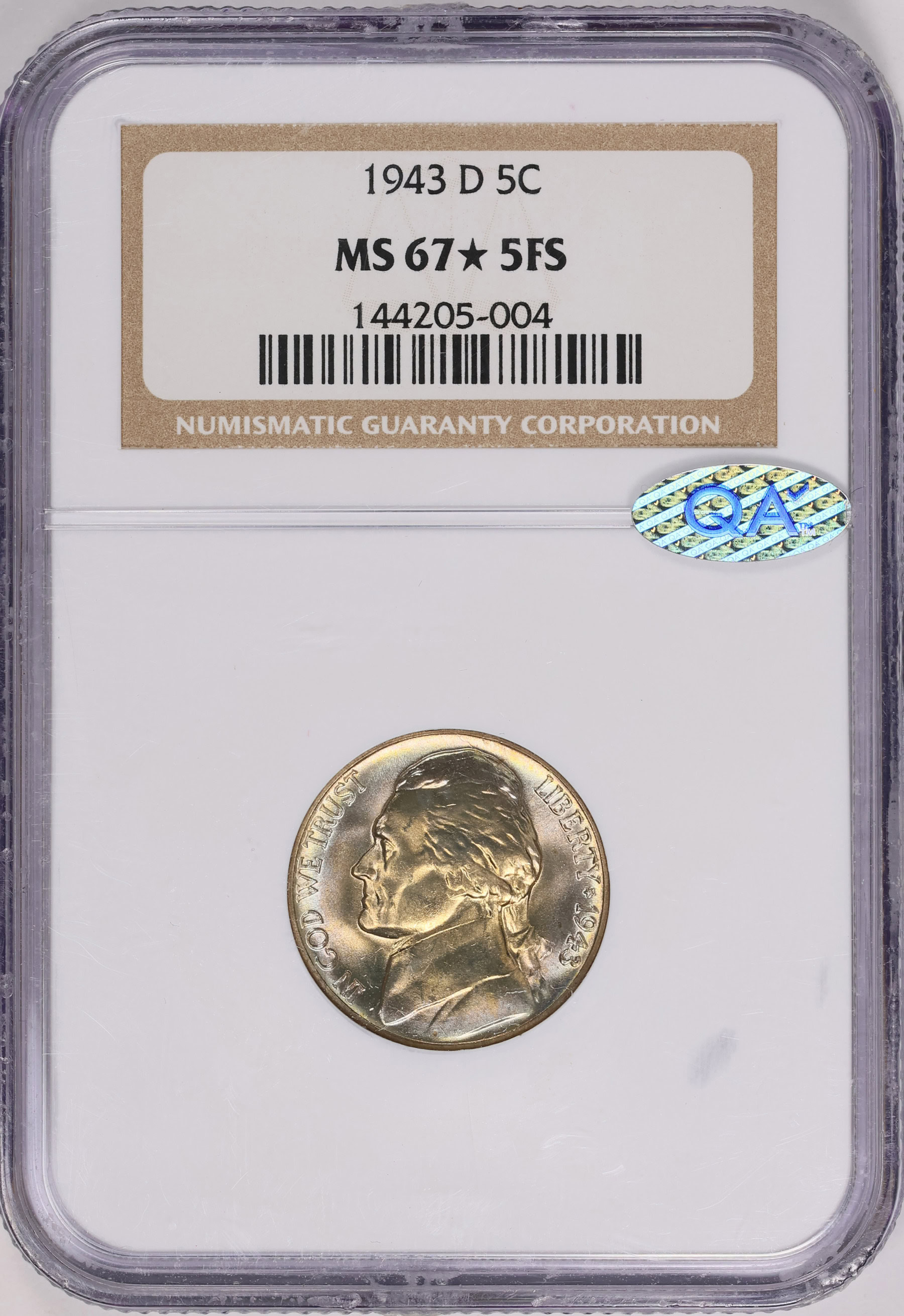 1943-D Jefferson Nickel NGC MS-67 ★ 5FS (QA) (Toned) (Item 1699420) | GreatCollections Coin Auctions