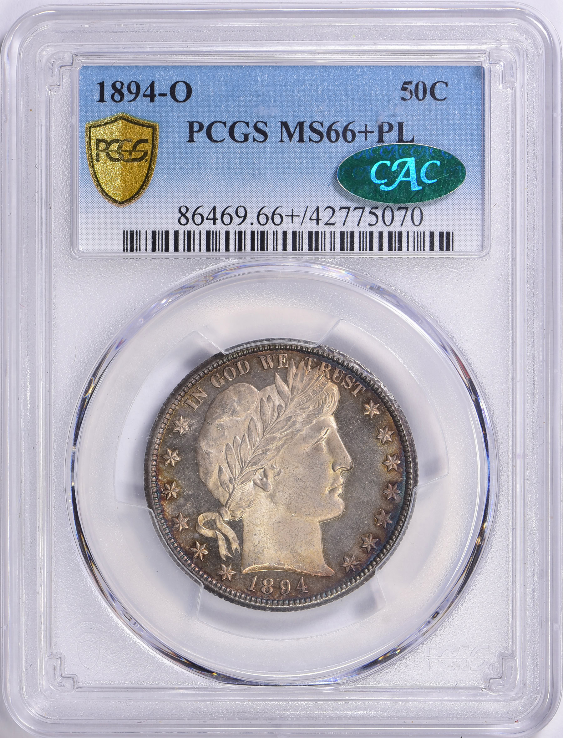 1894-O Barber Half Dollar PCGS MS-66+ PL (CAC Green) (Toned) (Item 1699628) | GreatCollections ...