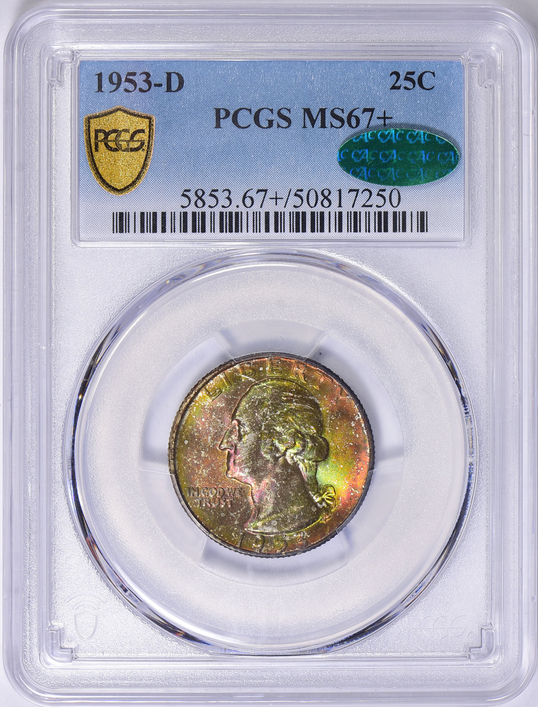 1953-D Washington Quarter PCGS MS-67+ (CAC Green) (Toned) (Item 1699632) | GreatCollections Coin ...