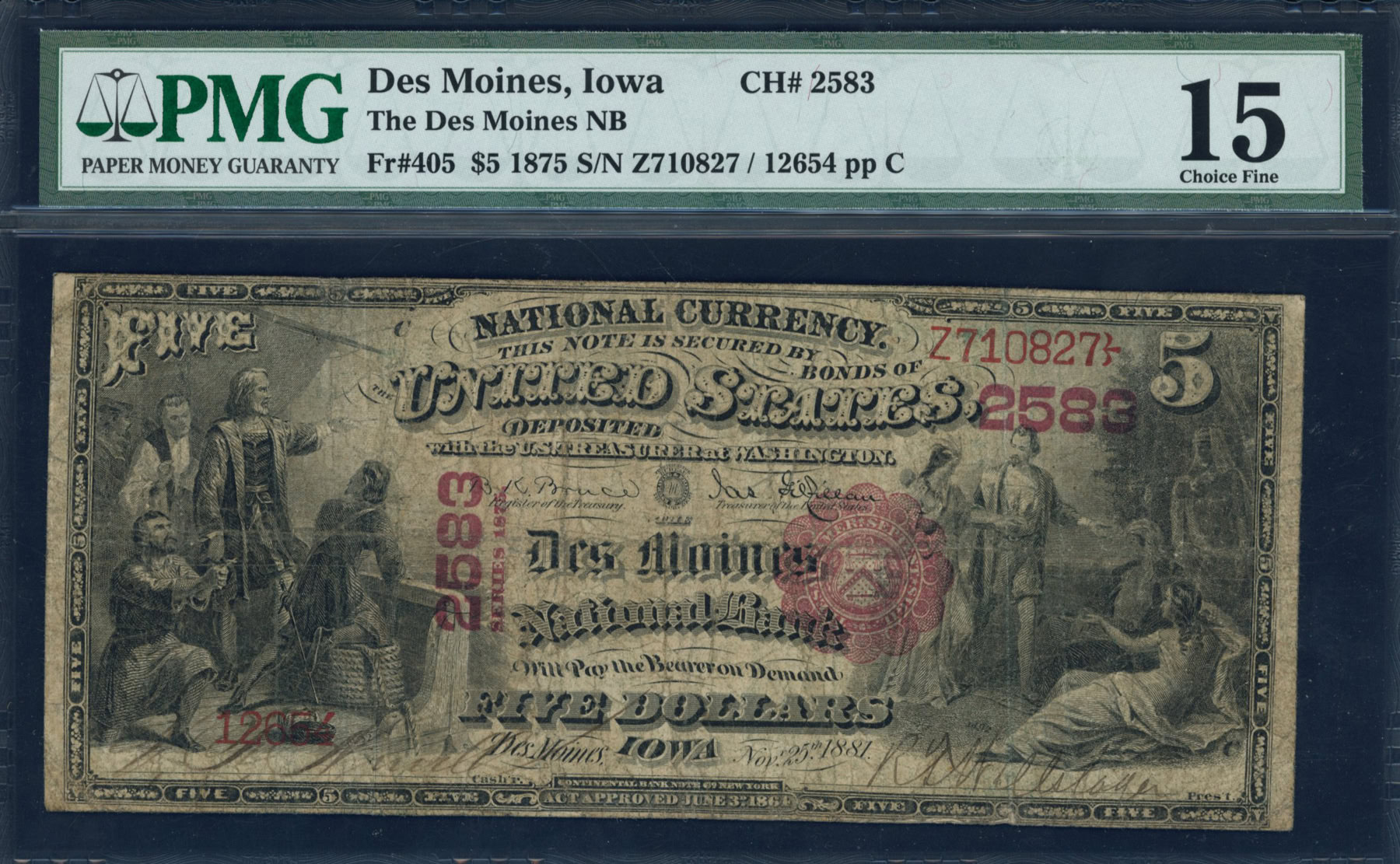 Fr. 405 Des Moines, Iowa 1875 The Des Moines National Bank $5 Note ...