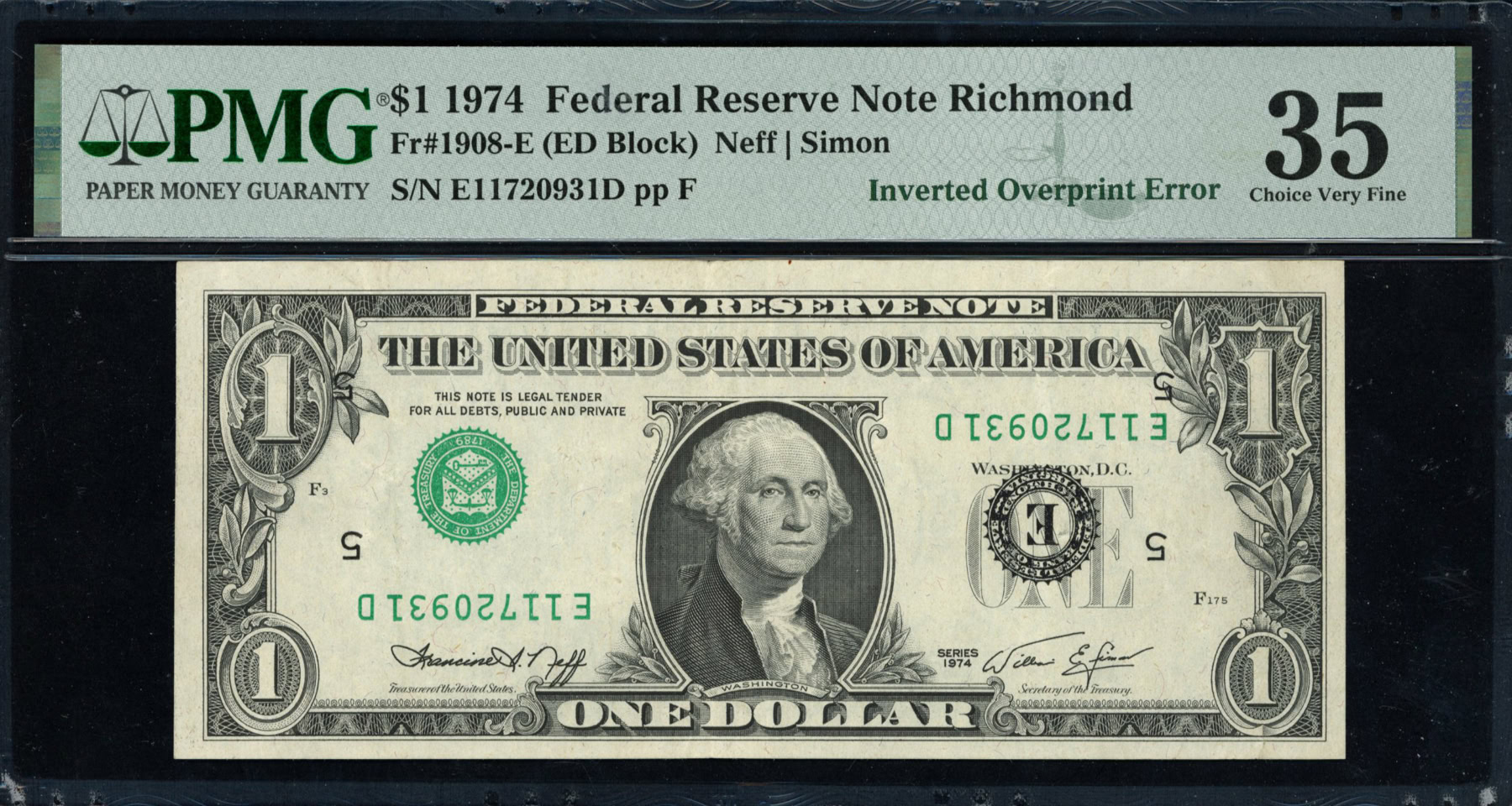 Fr. 1908-E (ED Block) 1974 $1 Richmond Federal Reserve Error Note ...