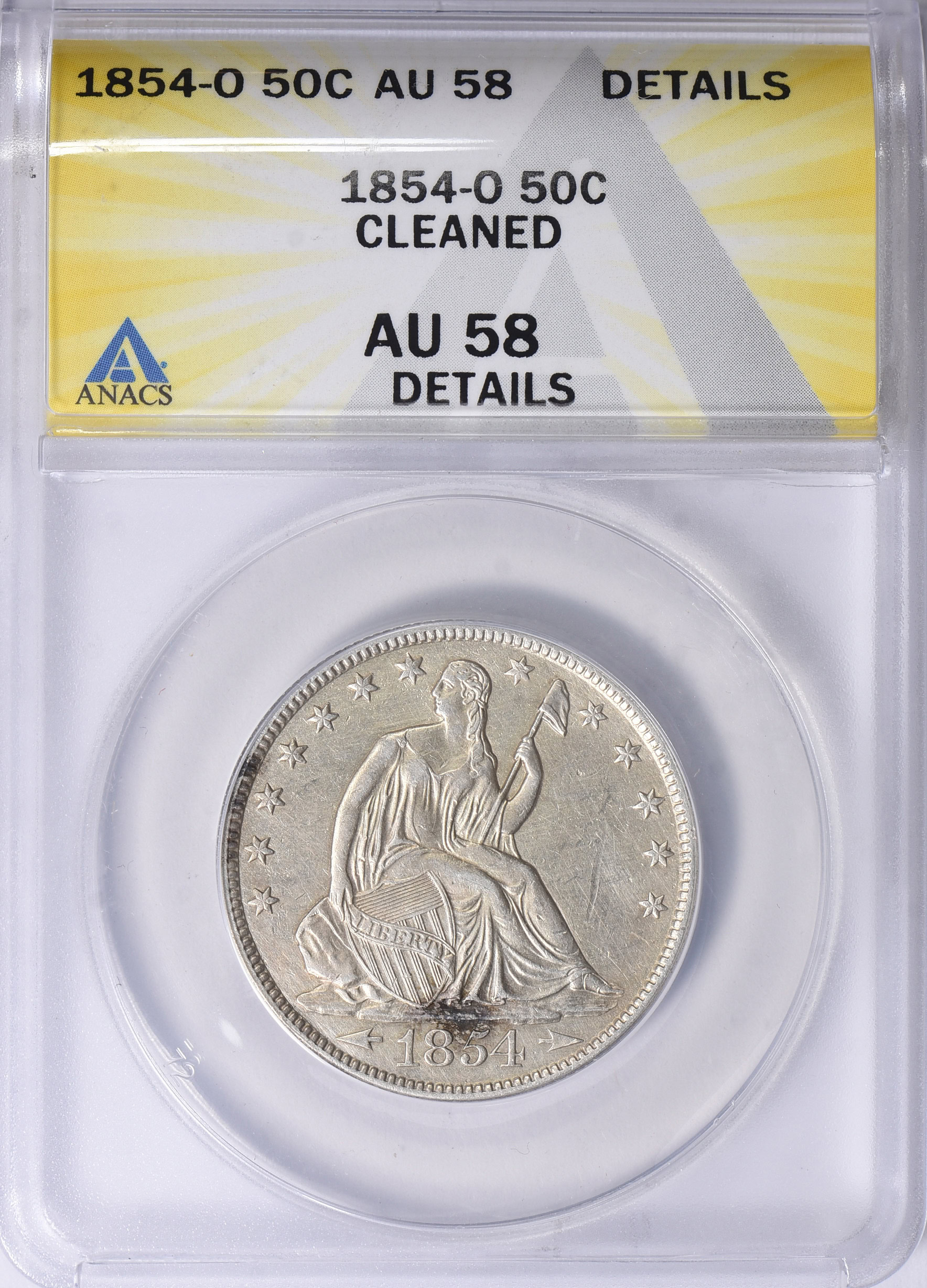 1854-O Seated Liberty Half Dollar ANACS AU-58 Details (Item 1699772) | GreatCollections Coin ...