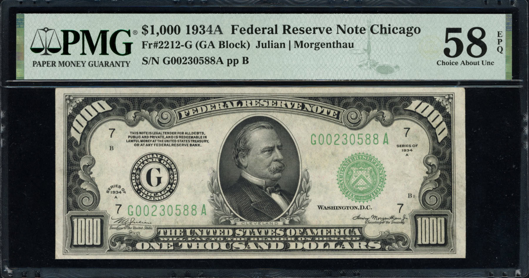 Fr. 2212-G (GA Block) 1934A $1,000 Chicago Federal Reserve Note Julian ...