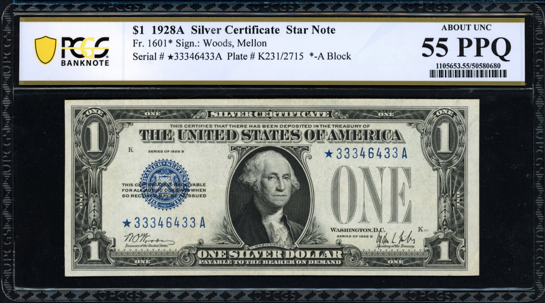 Fr. 1601* (*A Block) 1928A $1 Silver Certificate Star Note Woods ...