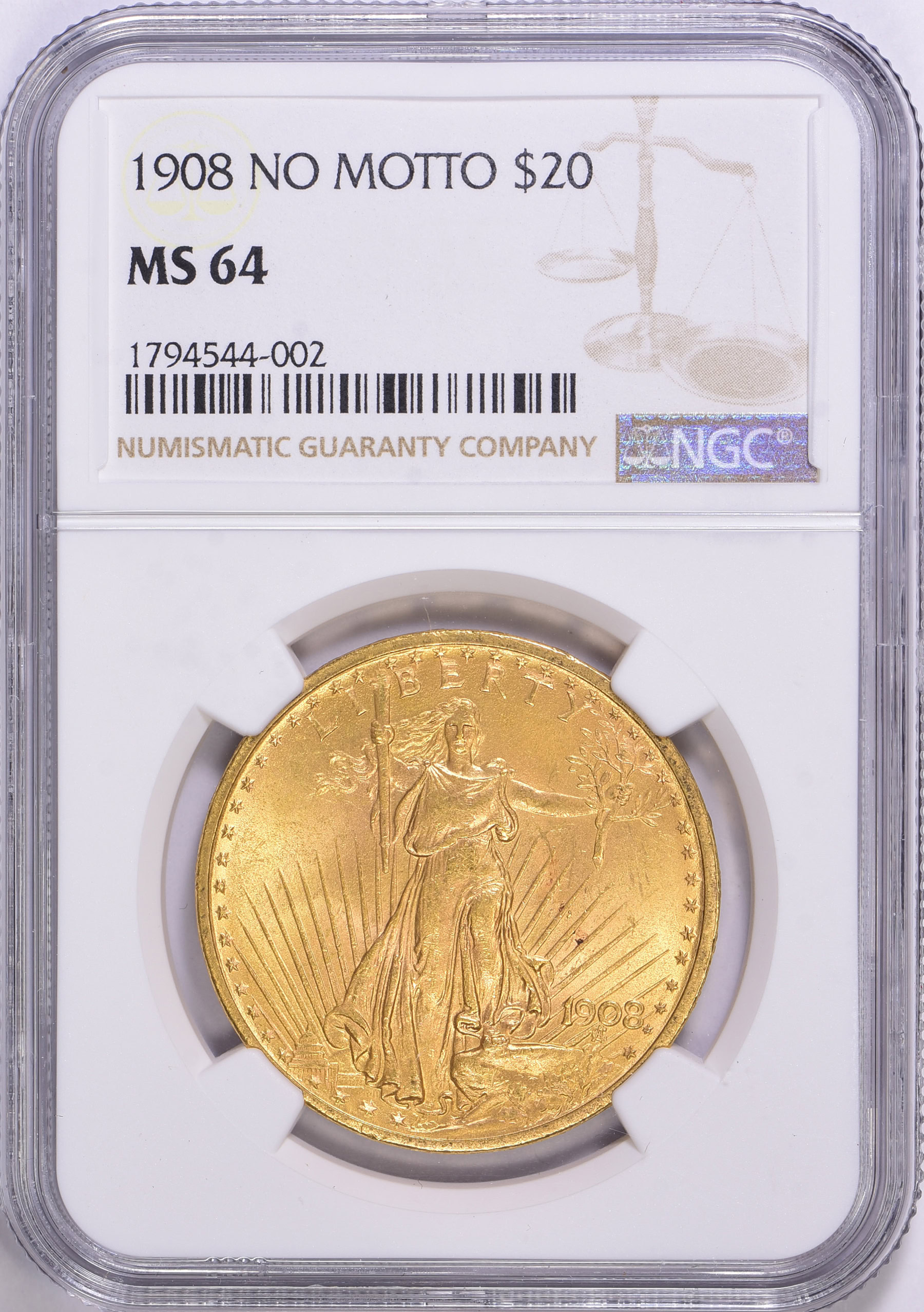 1908 Saint-Gaudens Gold Double Eagle No Motto NGC MS-64 (Item 1699887 ...