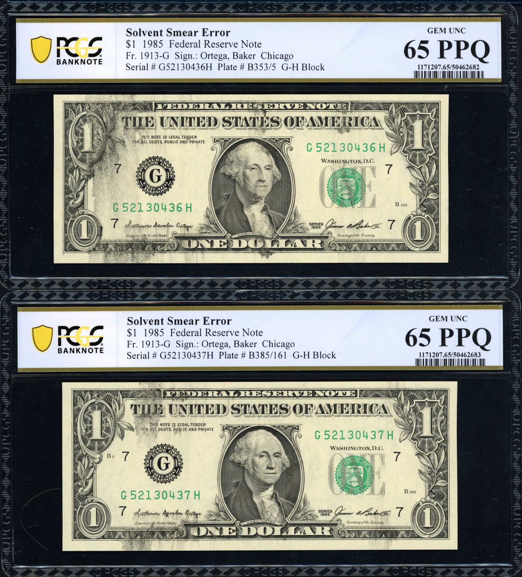 Fr. 1913-G (GH Block) 1985 $1 Chicago Federal Reserve Error Notes ...