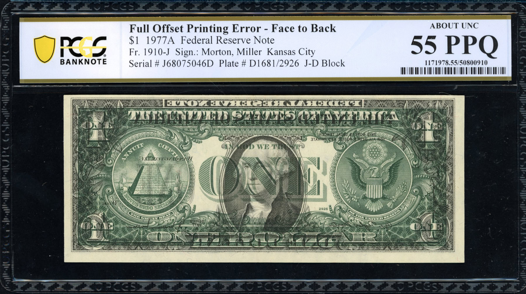 Fr. 1910-J (JD Block) 1977A $1 Kansas City Federal Reserve Error Note ...