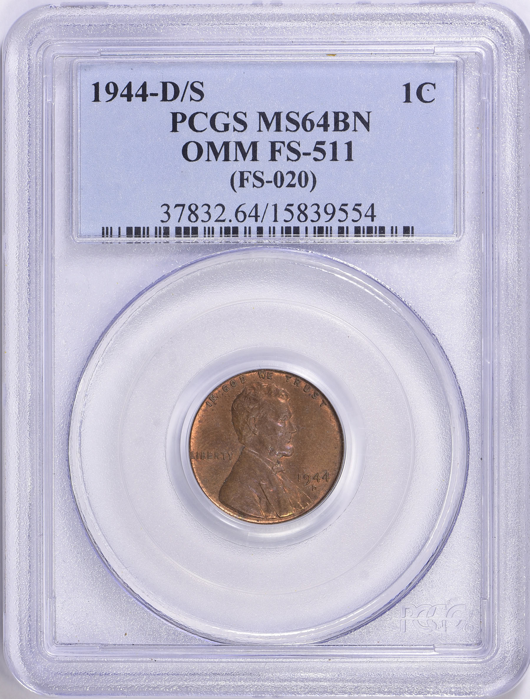 1944-D/S Lincoln Cent Over Mintmark FS-511 (FS-020) PCGS MS-64 BN (Item ...