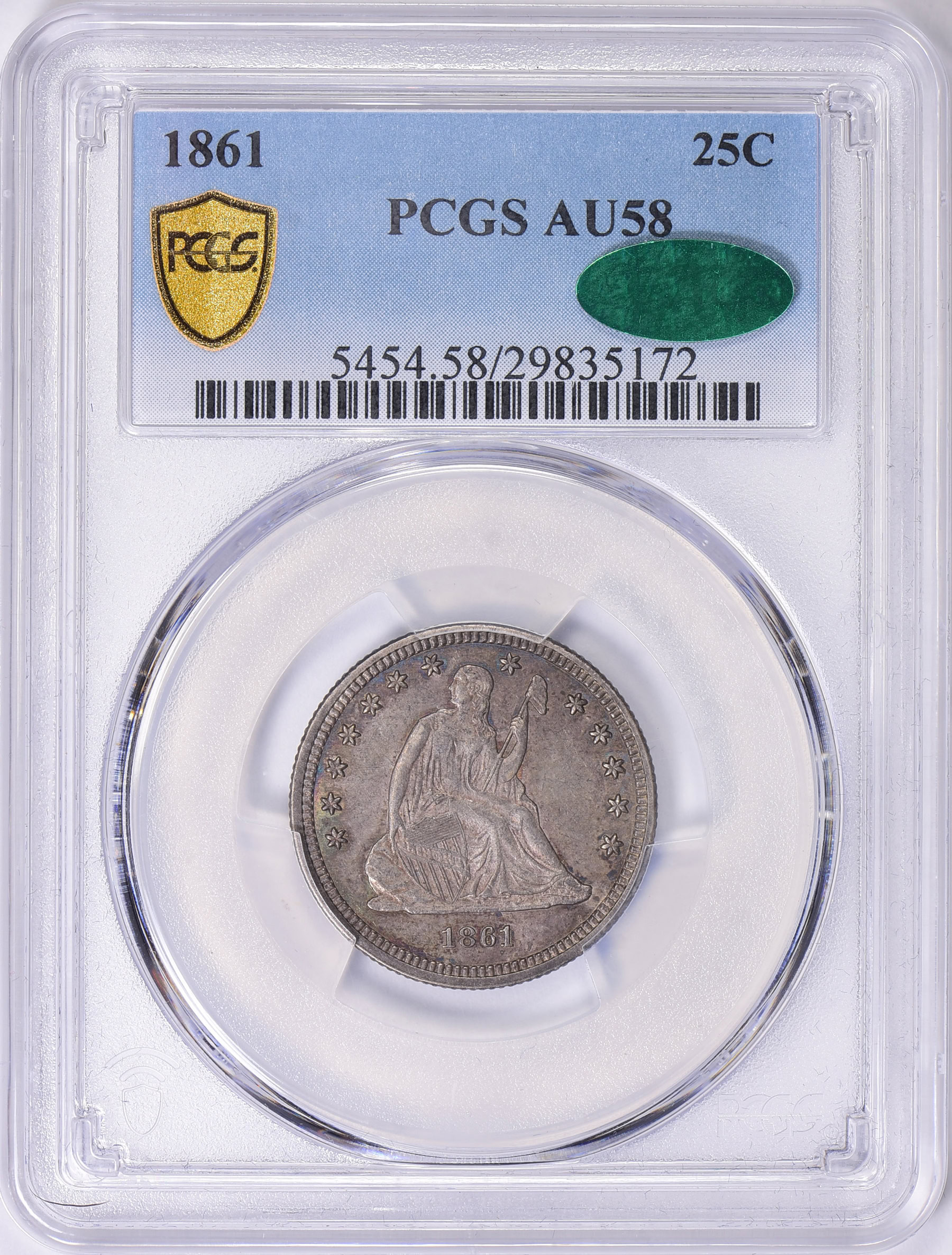 1861 Seated Liberty Quarter PCGS AU-58 (CAC Green) (Item 1700146 ...