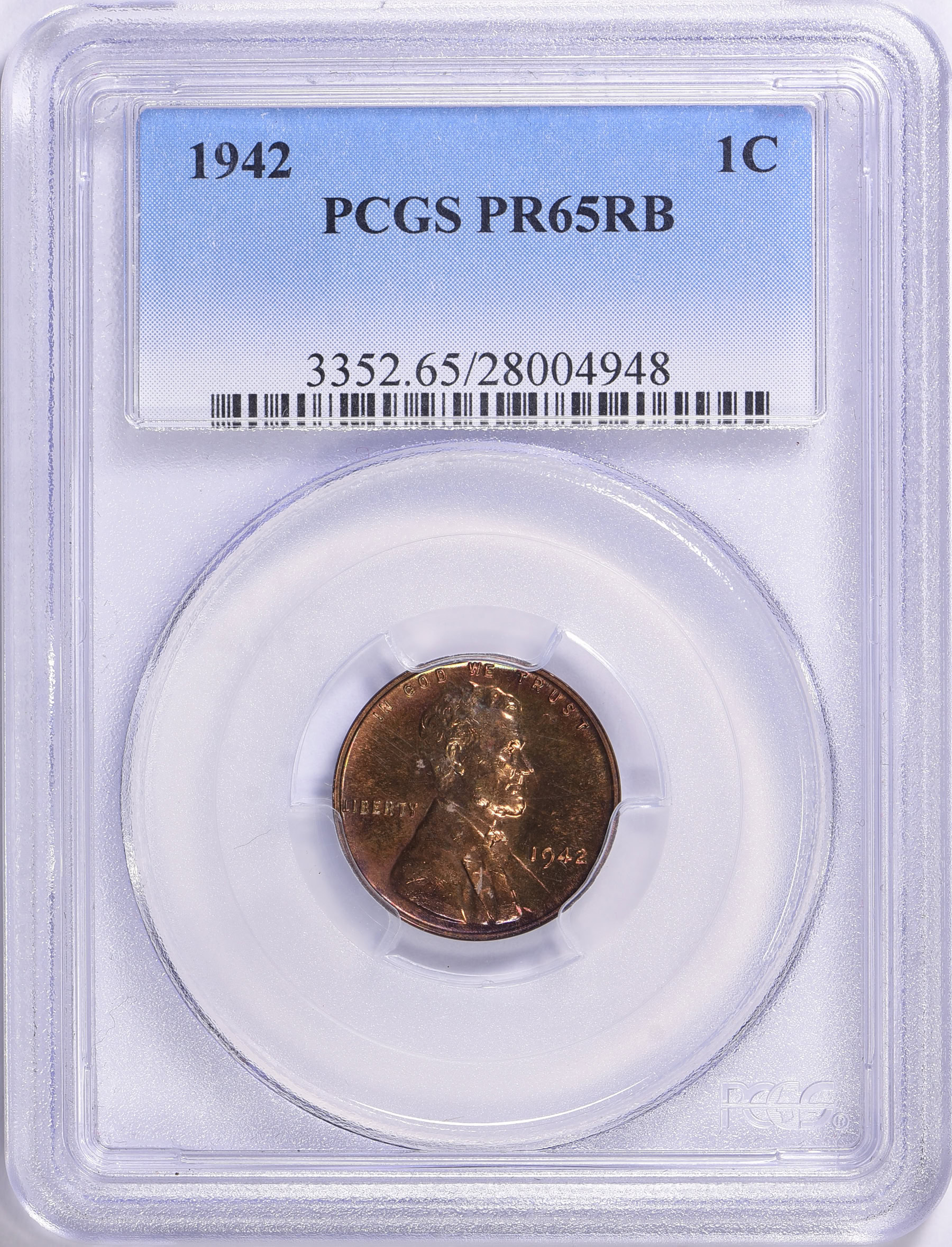 1942 Lincoln Cent PCGS Proof-65 RB (Toned) (Item 1700200) | GreatCollections Coin Auctions