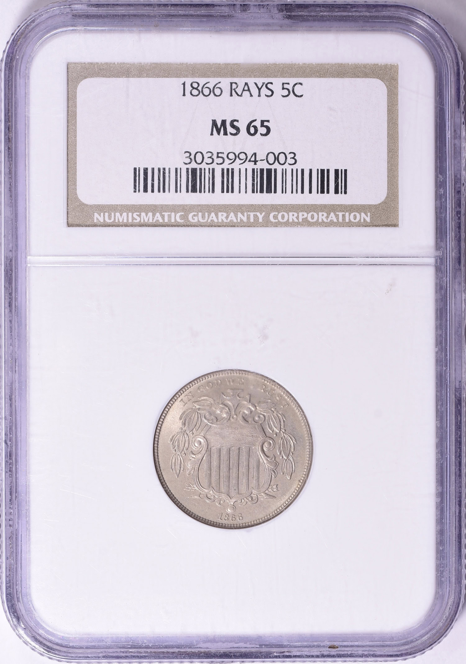 1866 Shield Nickel Rays NGC MS-65 (Item 1700301) | GreatCollections Coin Auctions