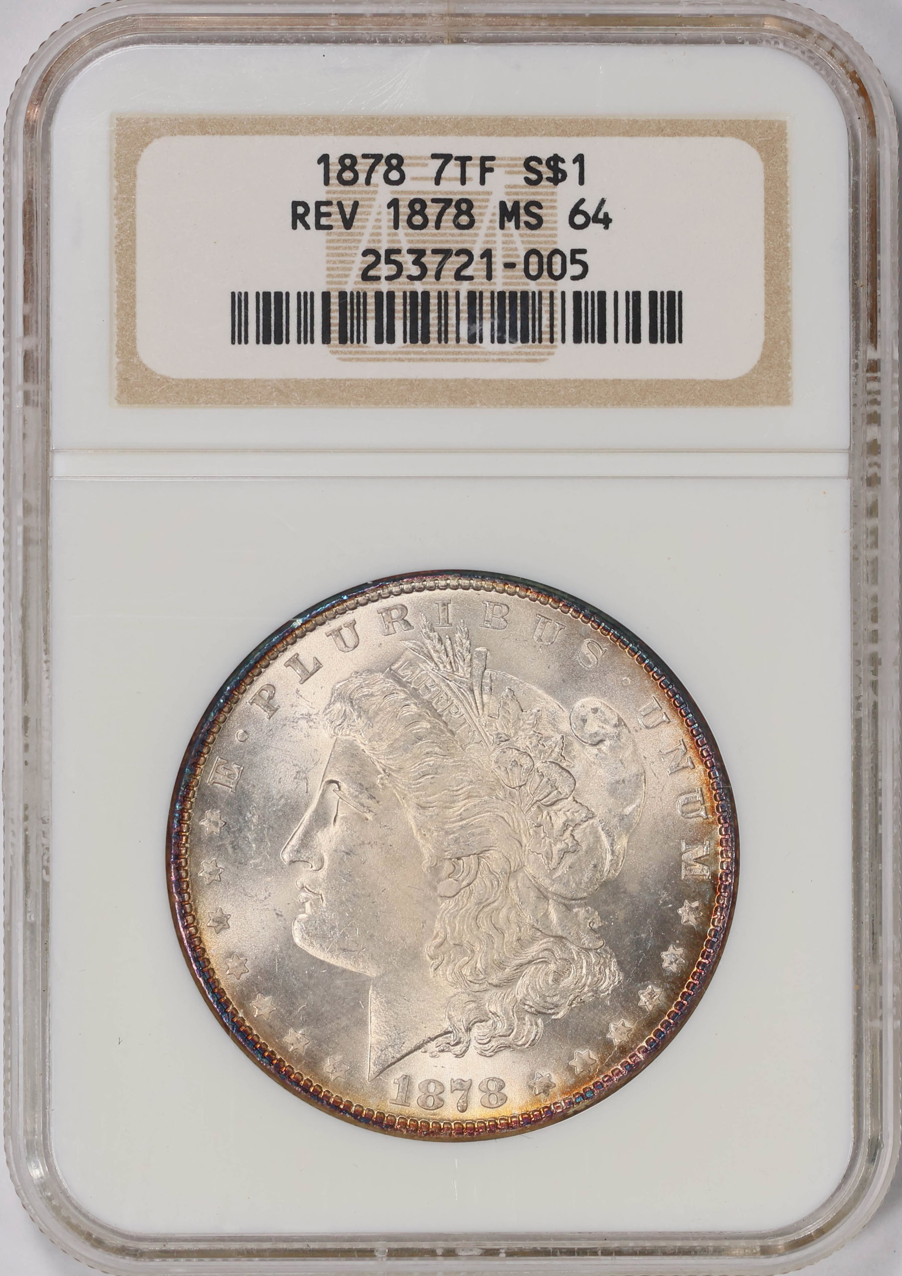 1878 Morgan Silver Dollar 7 Tailfeathers, Reverse of 1878 NGC MS-64 (Toned) (Item 1700306 ...