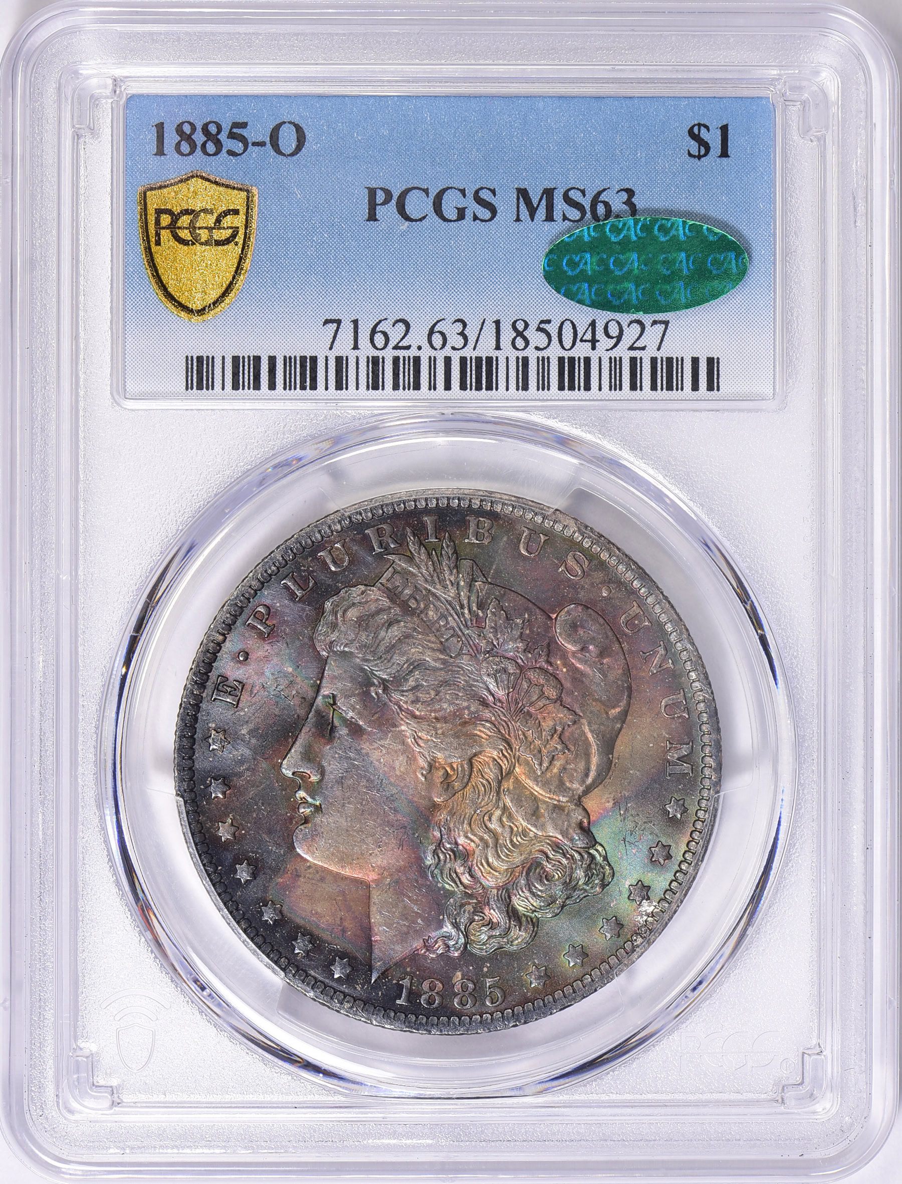 1885-O Morgan Silver Dollar PCGS MS-63 (CAC Green) (Toned) (Item 1700539) | GreatCollections ...