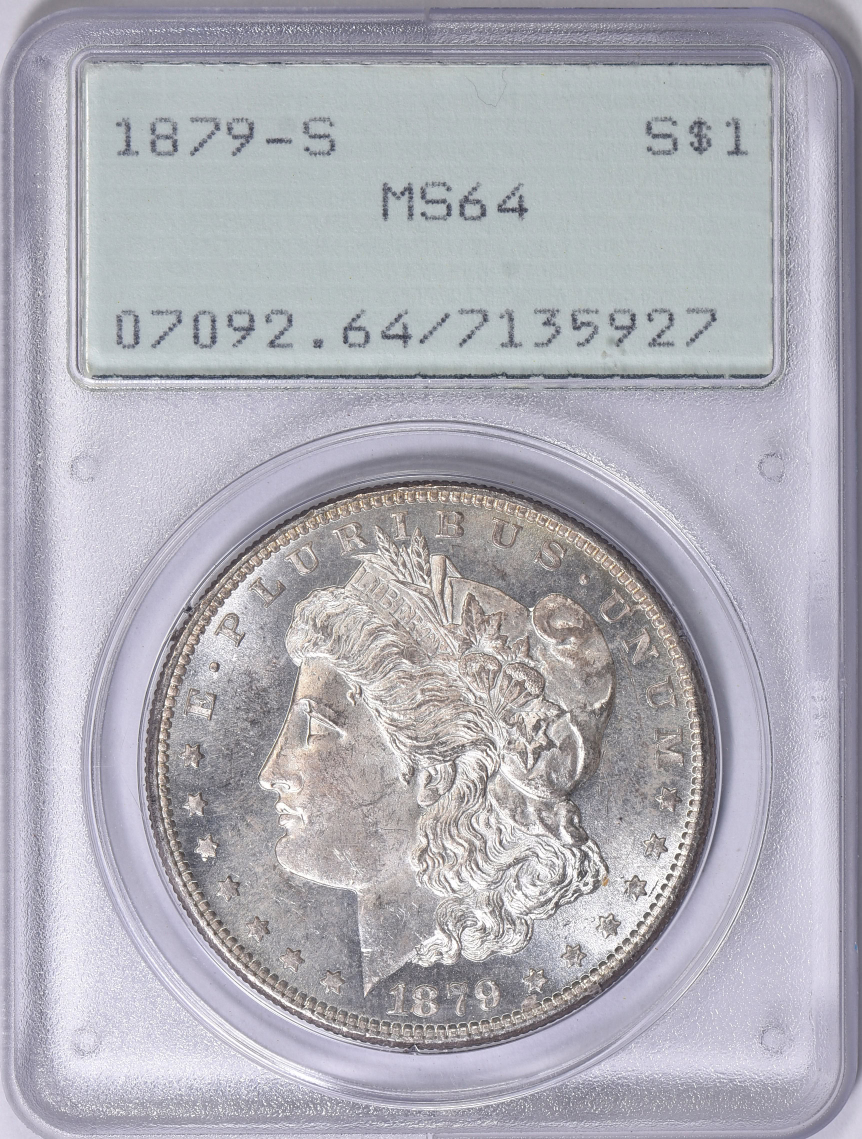 1879-S Morgan Silver Dollar PCGS MS-64 OGH (1st Gen) (Item 1700675) | GreatCollections Coin Auctions