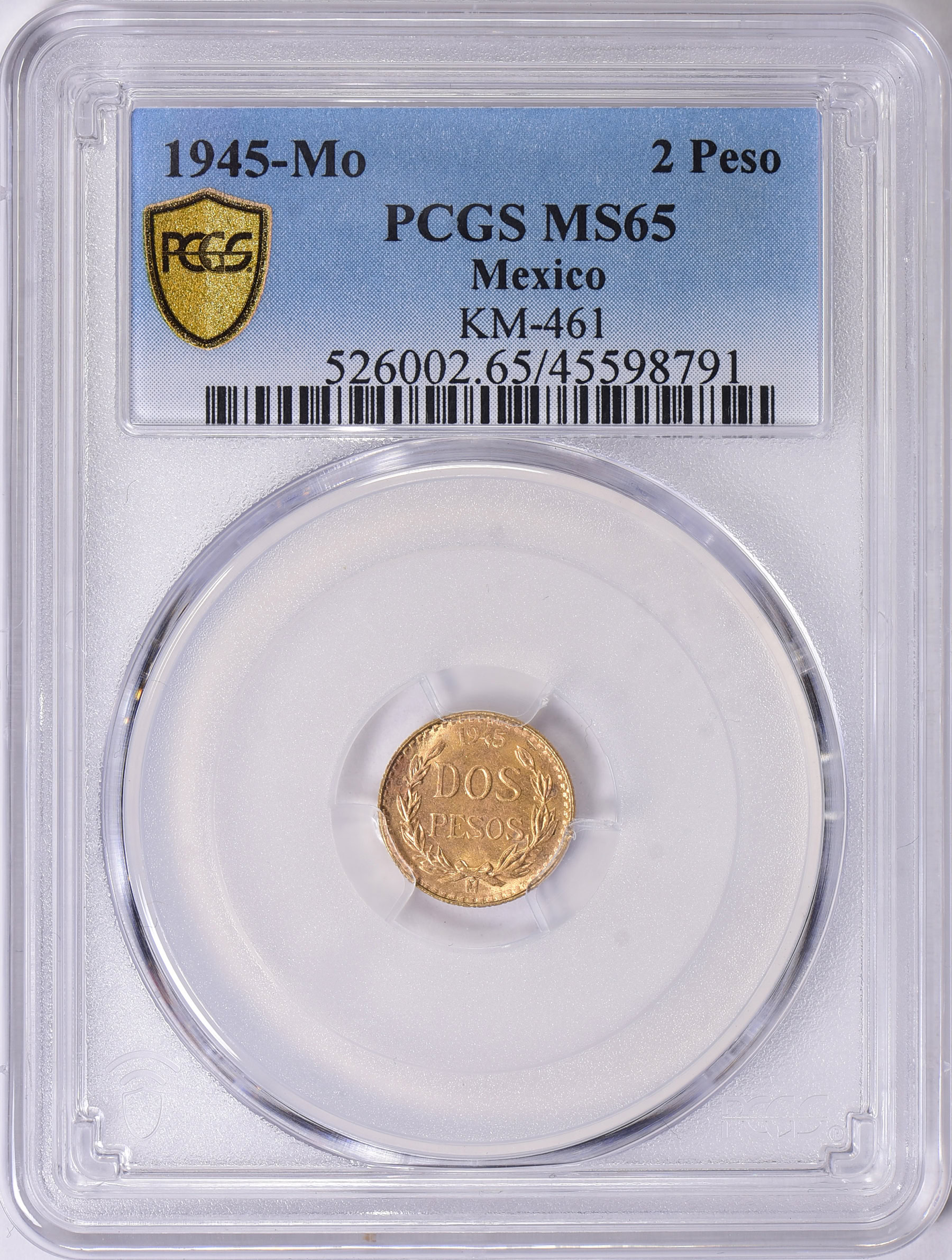 Mexico 1945-Mo Gold 2 Pesos KM-461 PCGS MS-65 (AGW = 0.0482 oz.) (Item 1700892 ...