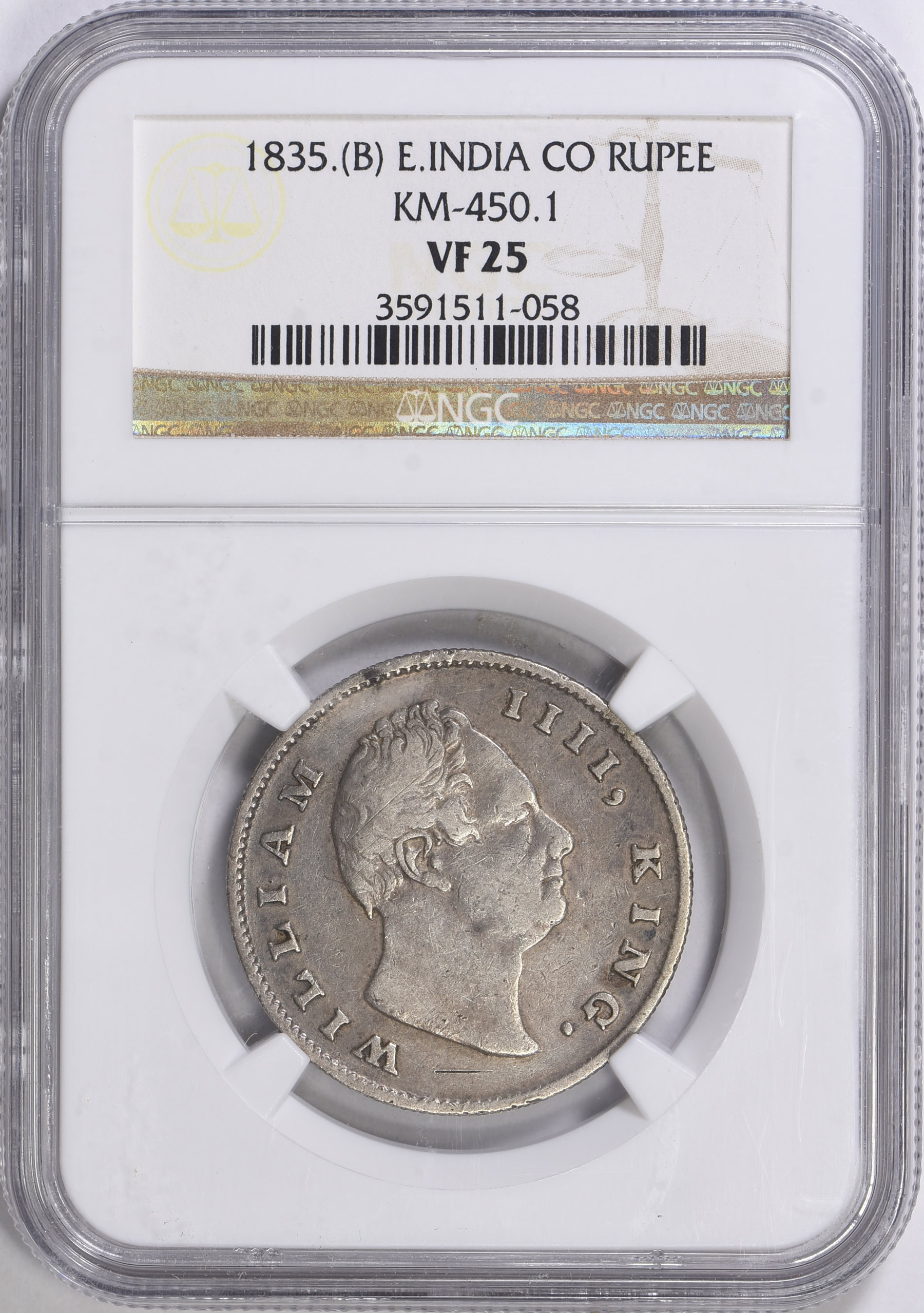 India 1835.-(B) Silver Rupee KM-450.1 NGC VF-25 (Item 1700934 ...