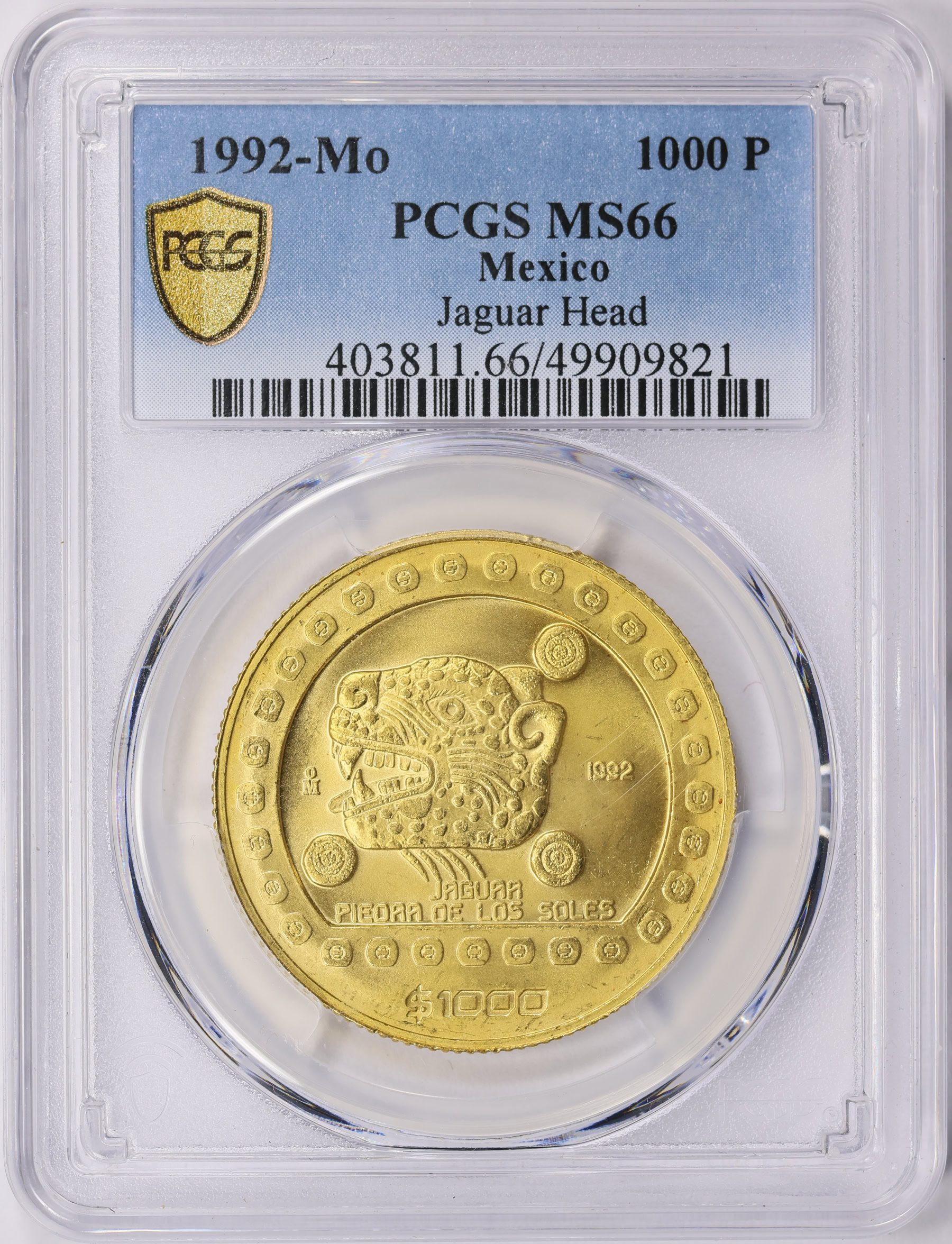 Mexico 1992-Mo Gold 1,000 Pesos Aztec Series, Jaguar Stone KM-560 PCGS ...