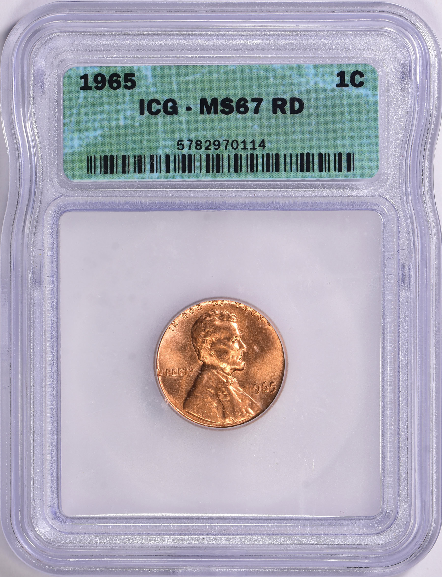 1965 Lincoln Cent ICG MS-67 RD (Item 1701405) | GreatCollections Coin Auctions