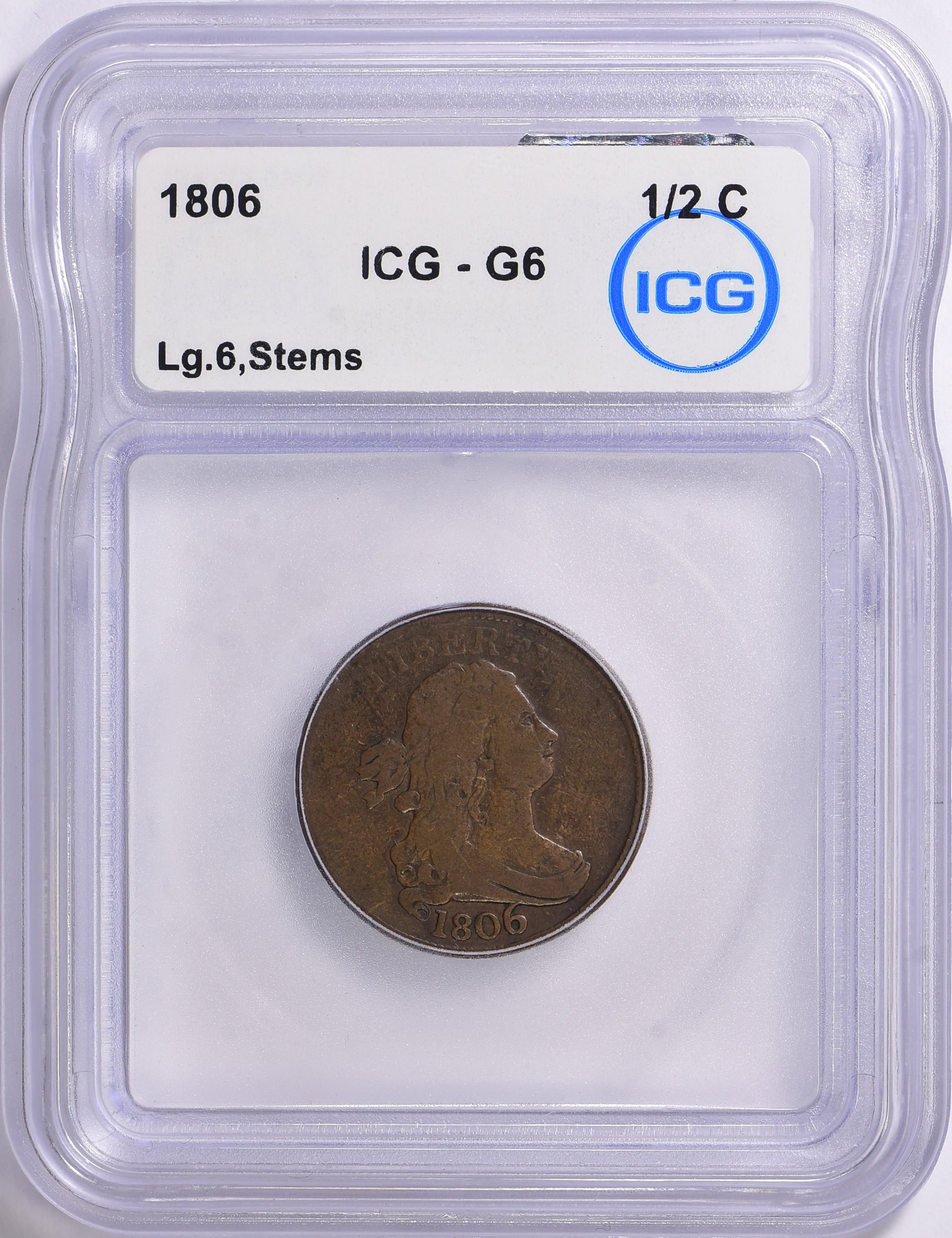 1806 Draped Bust Half Cent Large 6, Stems ICG G-06 BN (Item 1701452) | GreatCollections Coin ...