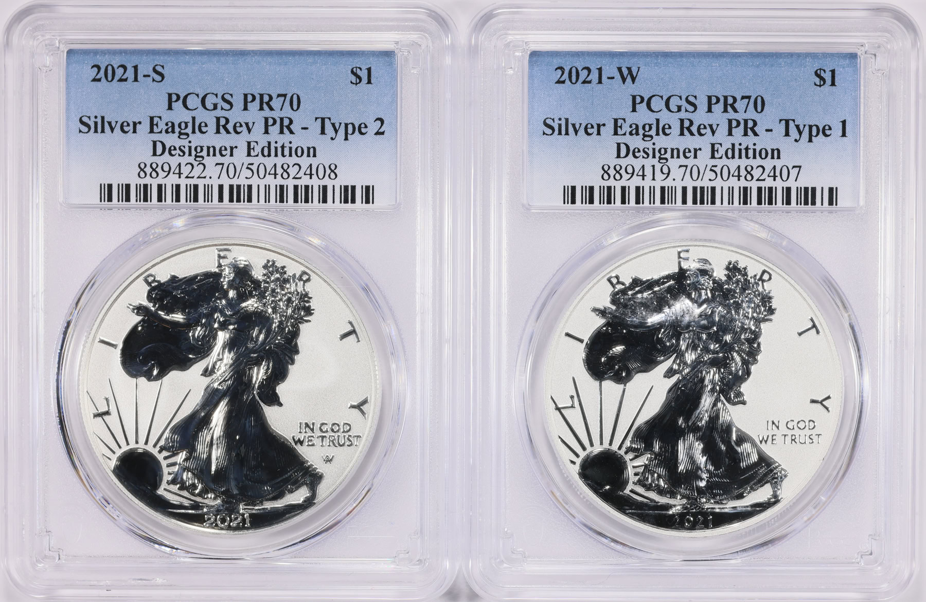 2021-W and 2021-S $1 Silver Eagle Reverse Proof Type 1 and 2 Designer Edition PCGS Proof-70 (2 ...