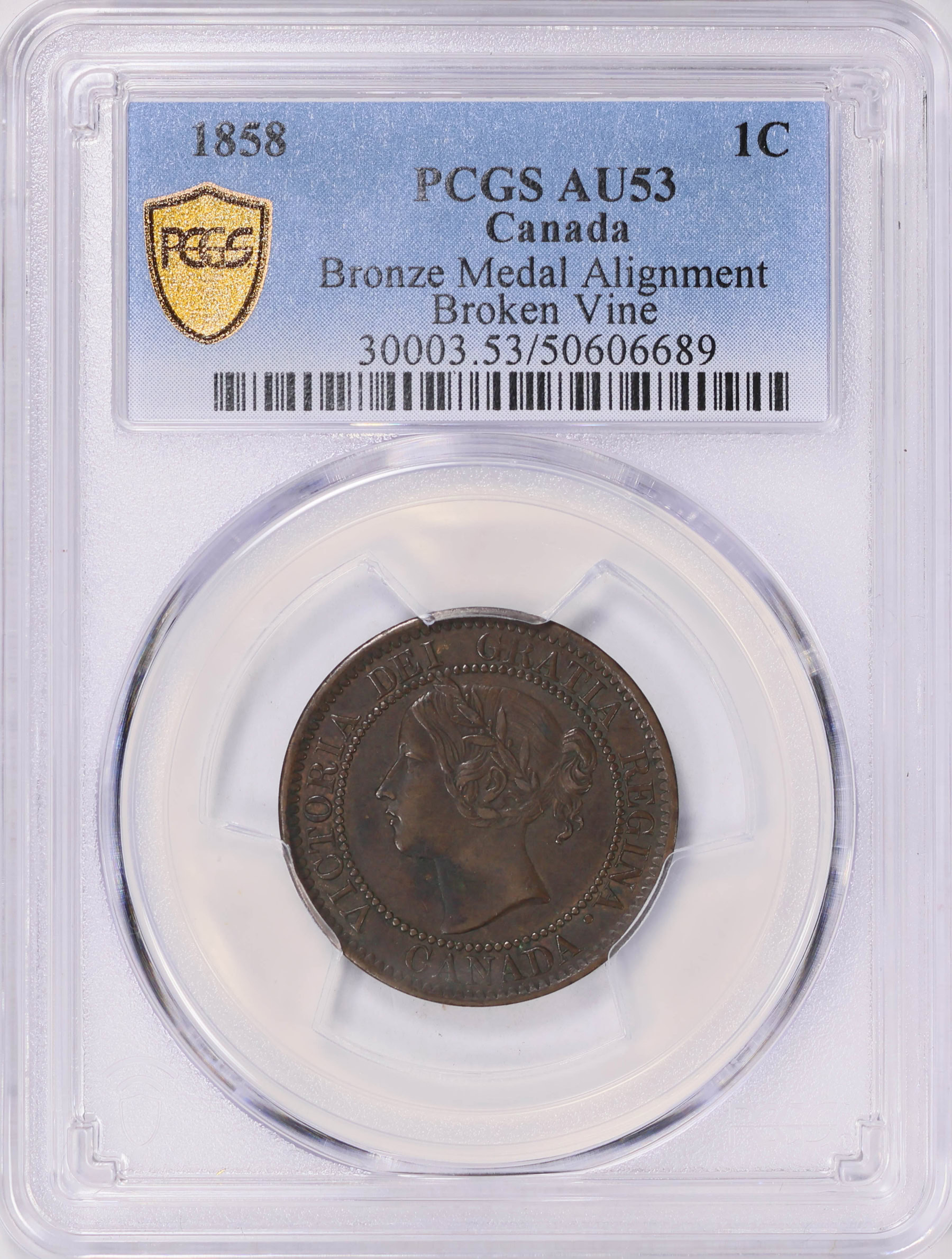 Canada 1858 Cent Bronze Medal Alignment, Broken Vine KM-1 PCGS AU-53 ...