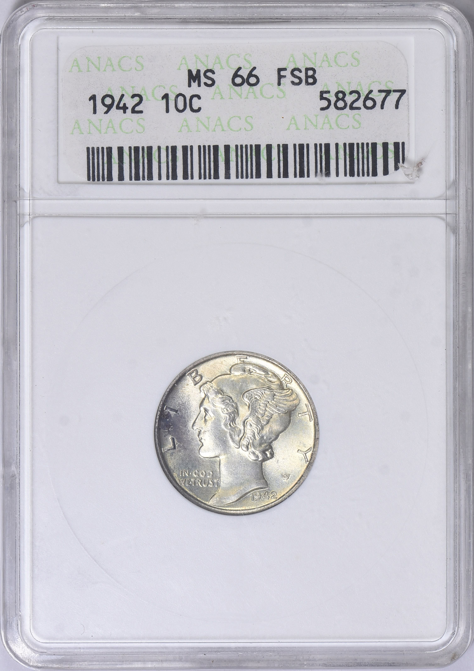 1942 Mercury Dime ANACS MS-66 FB OH (Item 1702197) | GreatCollections Coin Auctions