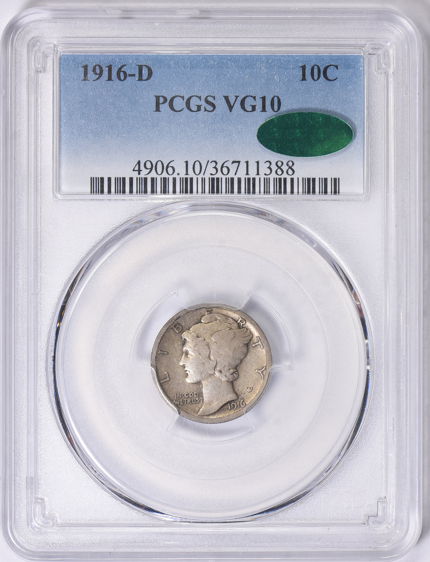 1916-D Mercury Dime PCGS VG-10 (CAC Green) (Item 1702295) | GreatCollections Coin Auctions