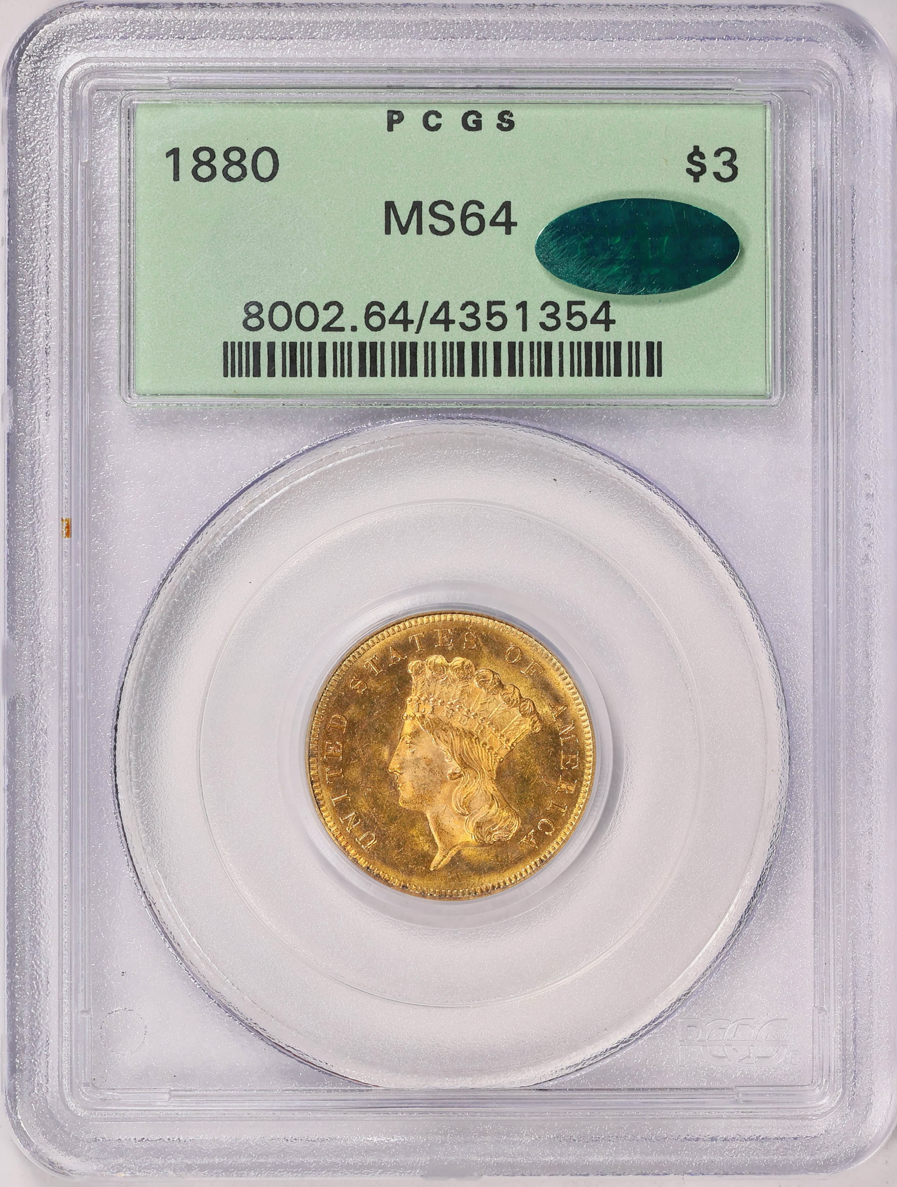 1880 Three-Dollar Gold Piece PCGS MS-64 (CAC Green) OGH (Item 1702305 ...