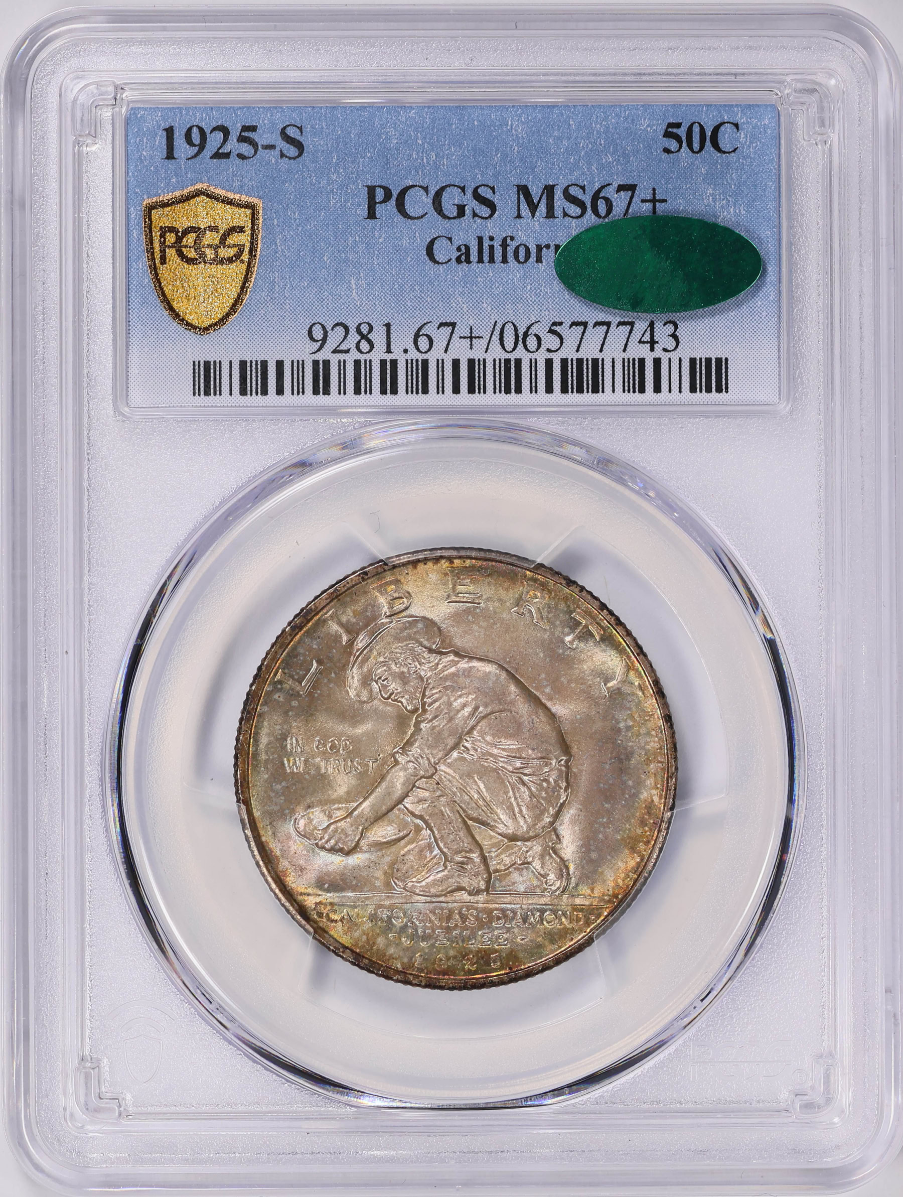 1925-S California Diamond Jubilee Half Dollar PCGS MS-67+ (CAC Green) (Toned) (Item 1702321 ...