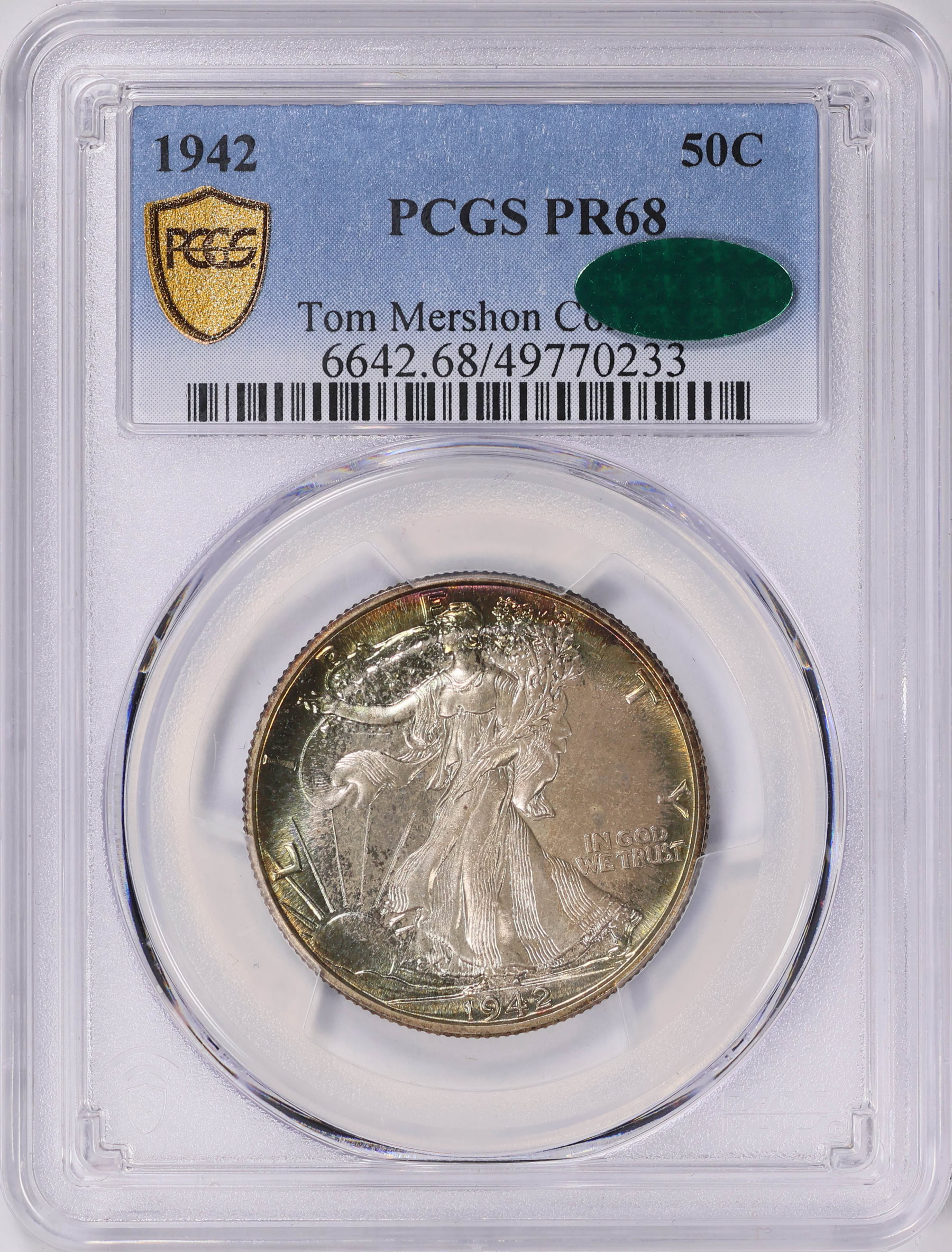 1942 Walking Liberty Half Dollar PCGS Proof-68 (CAC Green) (Toned) (Tom ...