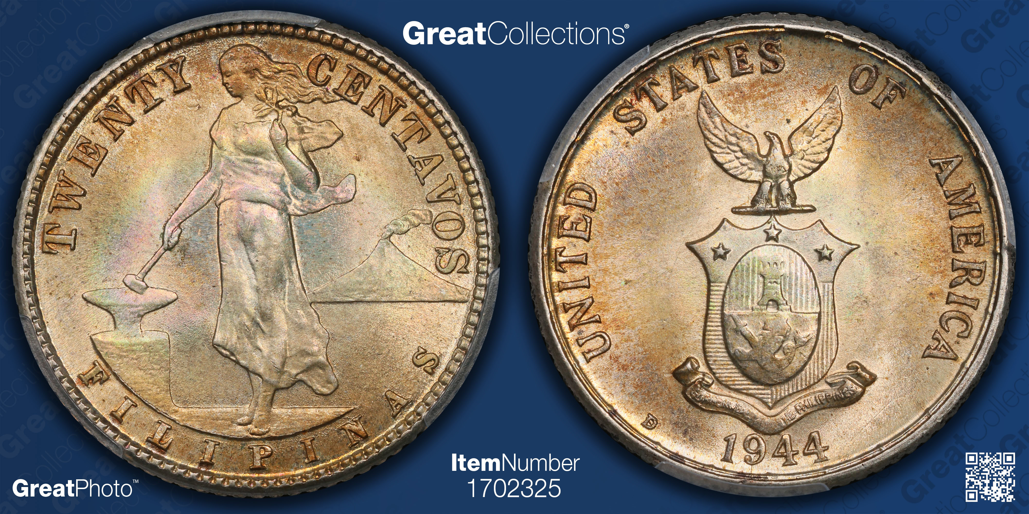 1944-D/S U.S. Philippines Twenty Centavos Allen-12.04a PCGS MS-67 ...