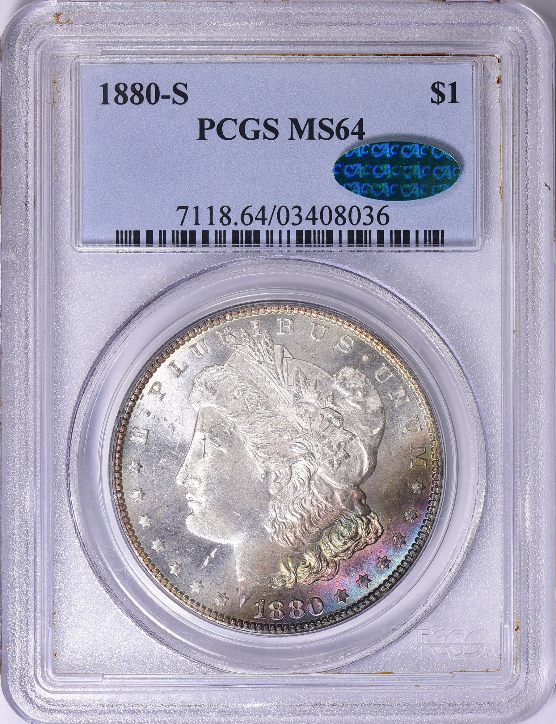 1880-S Morgan Silver Dollar PCGS MS-64 (CAC Green) (Toned) (Item 1702548) | GreatCollections ...