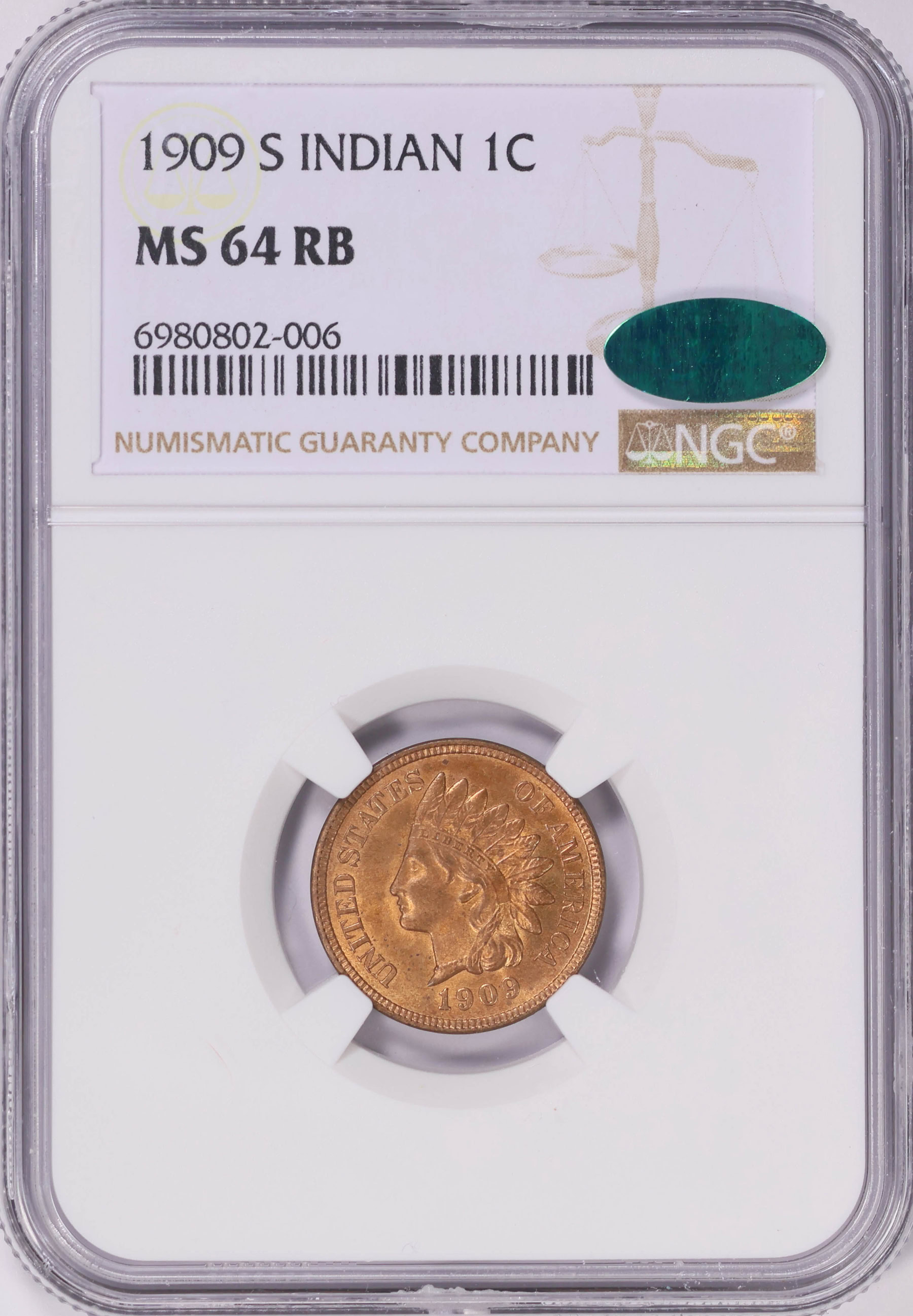 1909-S Indian Cent NGC MS-64 RB (CAC Green) (Item 1702577) | GreatCollections Coin Auctions