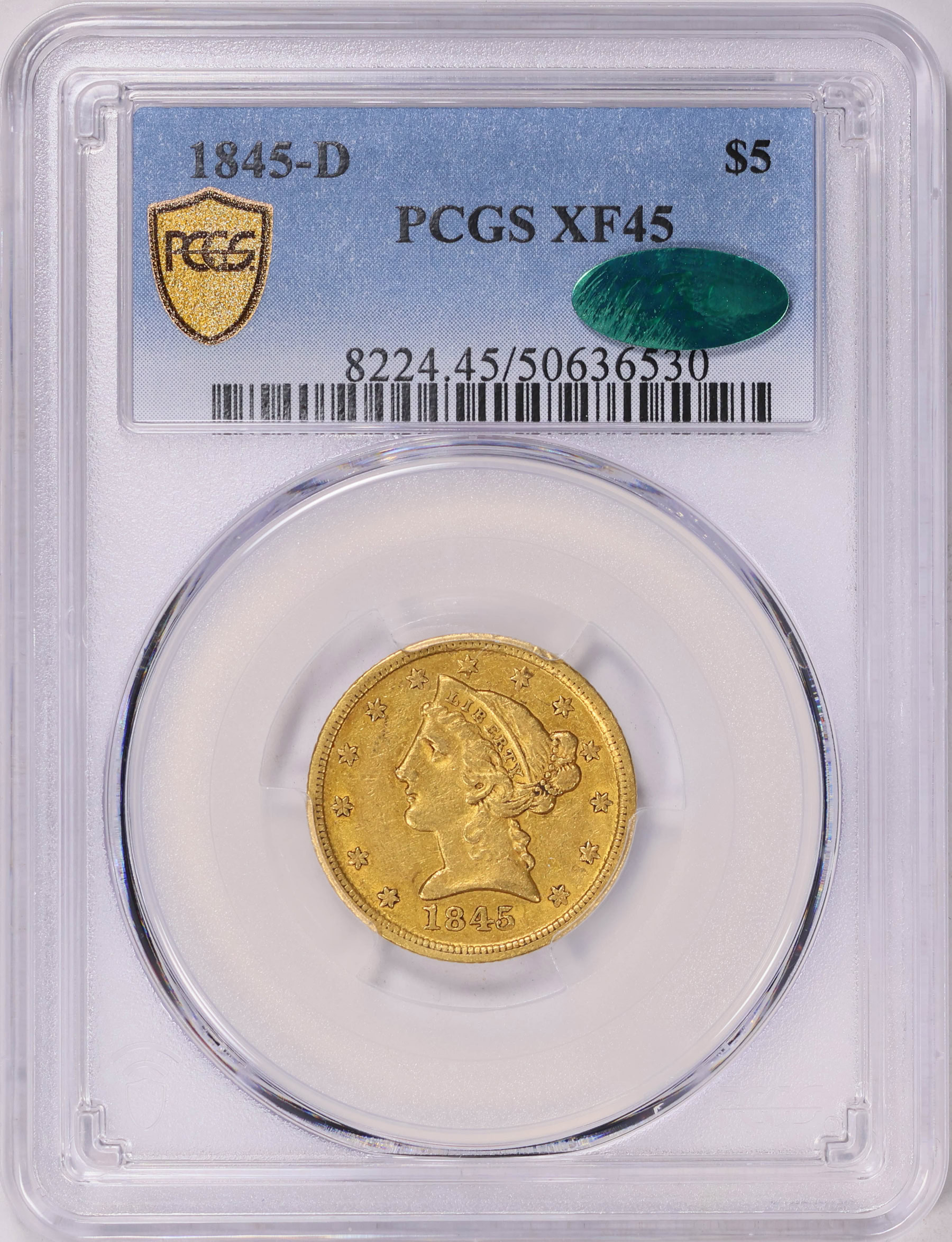 1845-D Liberty Gold Half Eagle PCGS XF-45 (CAC Green) (Item 1702584) | GreatCollections Coin ...