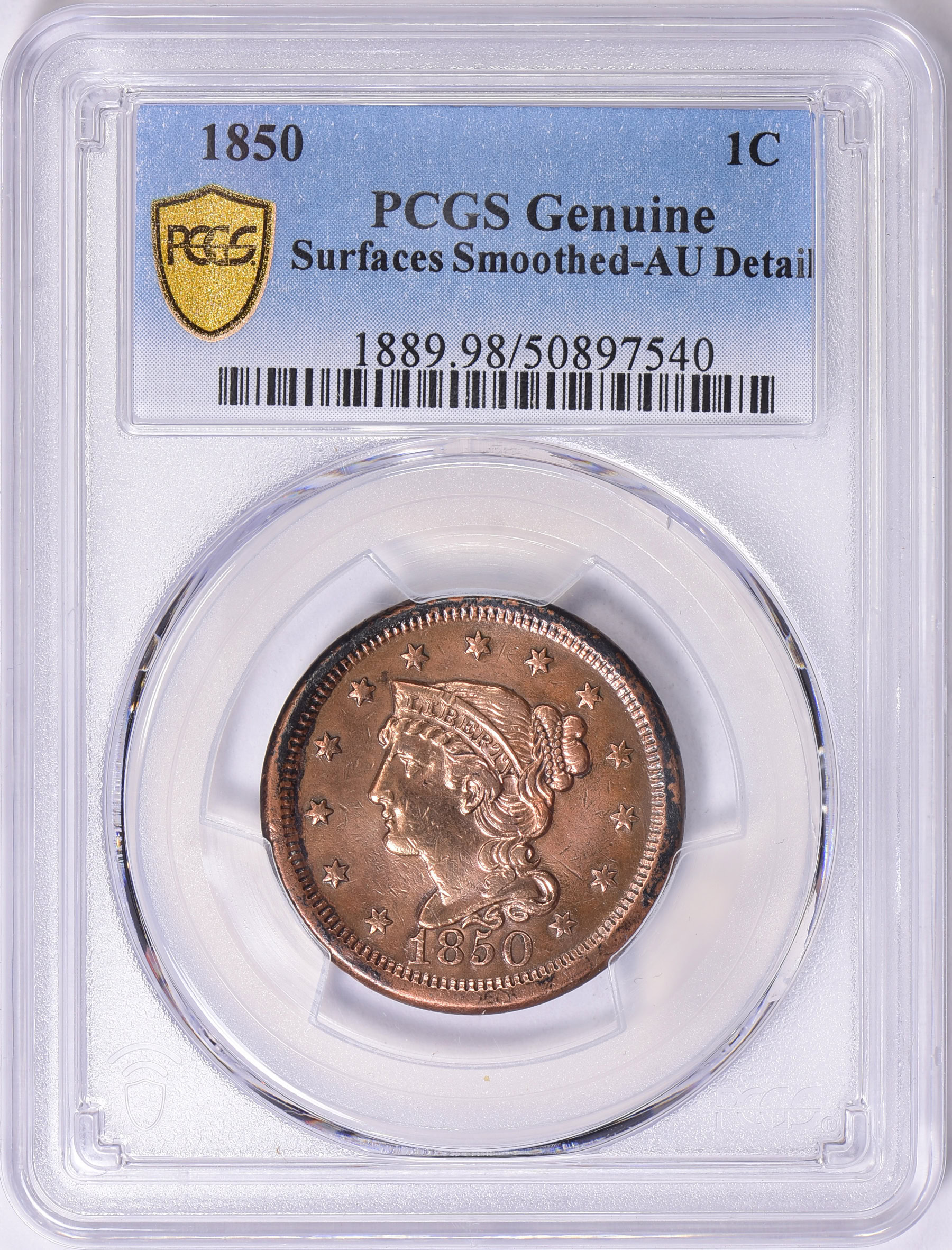 1850 Braided Hair Cent PCGS Genuine AU Details (Item 1702719) | GreatCollections Coin Auctions